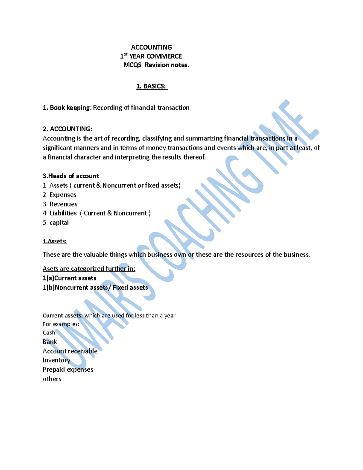 MCQS notes - ACCOUNTING 1 ST YEAR COMMERCE MCQS Revision notes. 1 ...