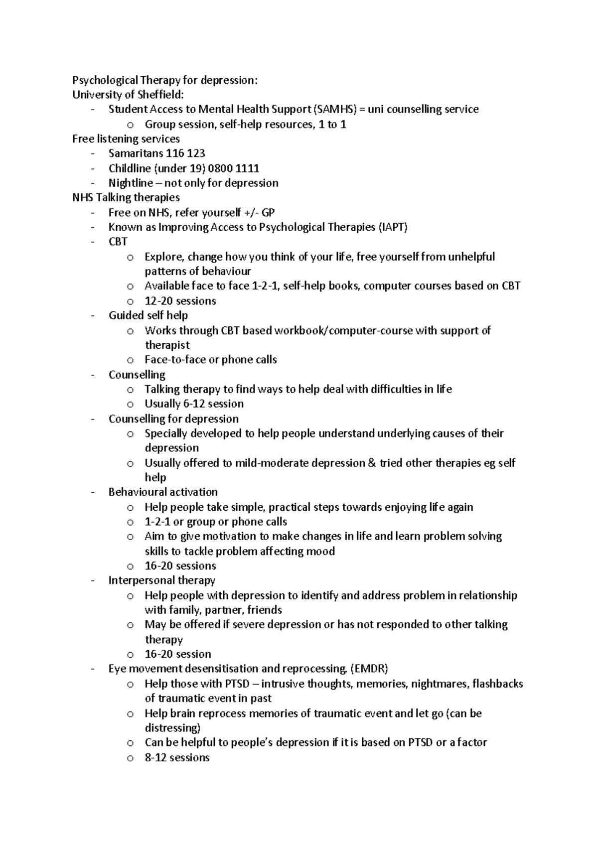 Depression support notes - Psychological Therapy for depression ...