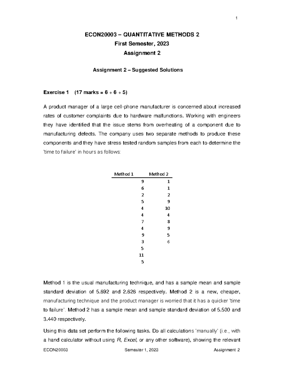 Assignment 2 suggested solutions - ECON20003 – QUANTITATIVE METHODS 2 First Semester, 2023 - Studocu