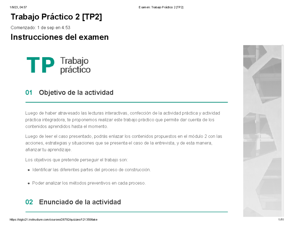 Examen Trabajo Práctico 2 [TP2] 90%% - Trabajo Práctico 2 [TP2] Comenzado: 1 de sep en 4: - Studocu