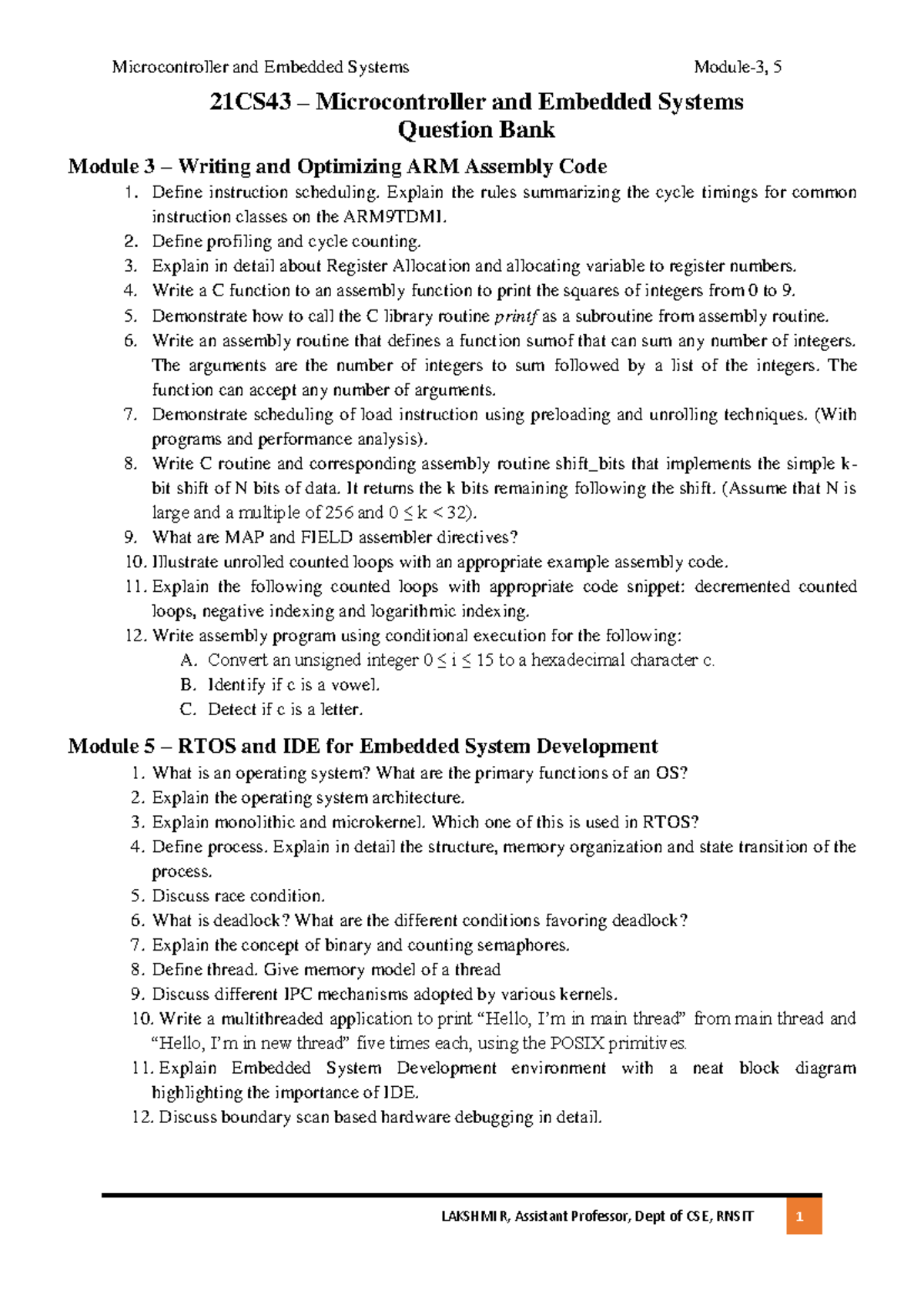 Question Bank IA3 - Microcontroller and Embedded Systems Module-3, 5 LAKSHMI R, Assistant ...