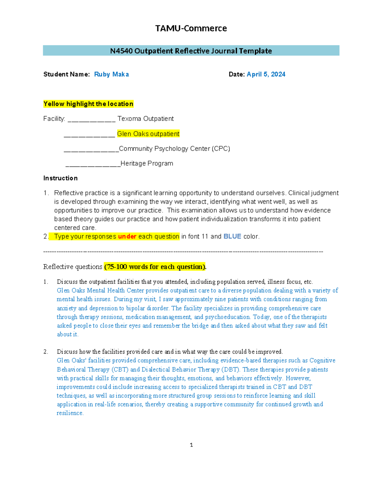 Outpatientjournal - TAMU-Commerce N4540 Outpatient Reflective Journal ...