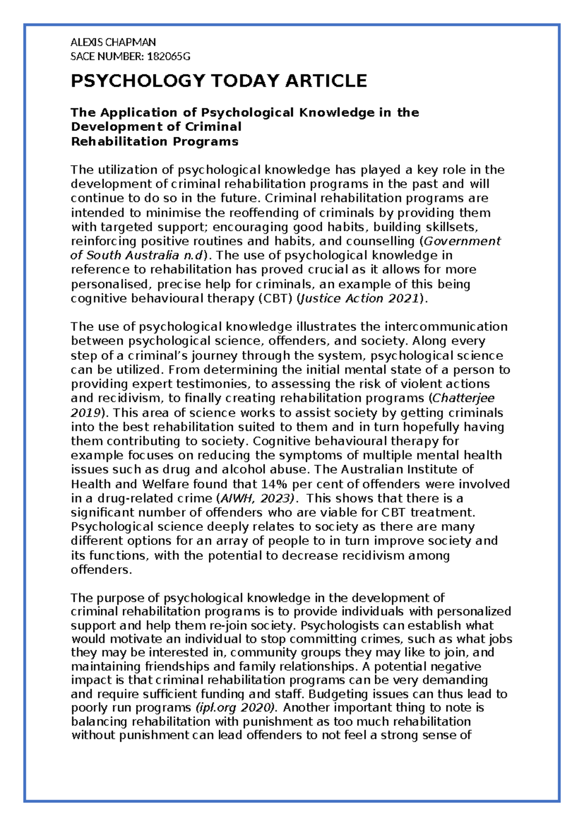 Psychology criminal rehabilitation - SACE NUMBER: 182065G PSYCHOLOGY ...