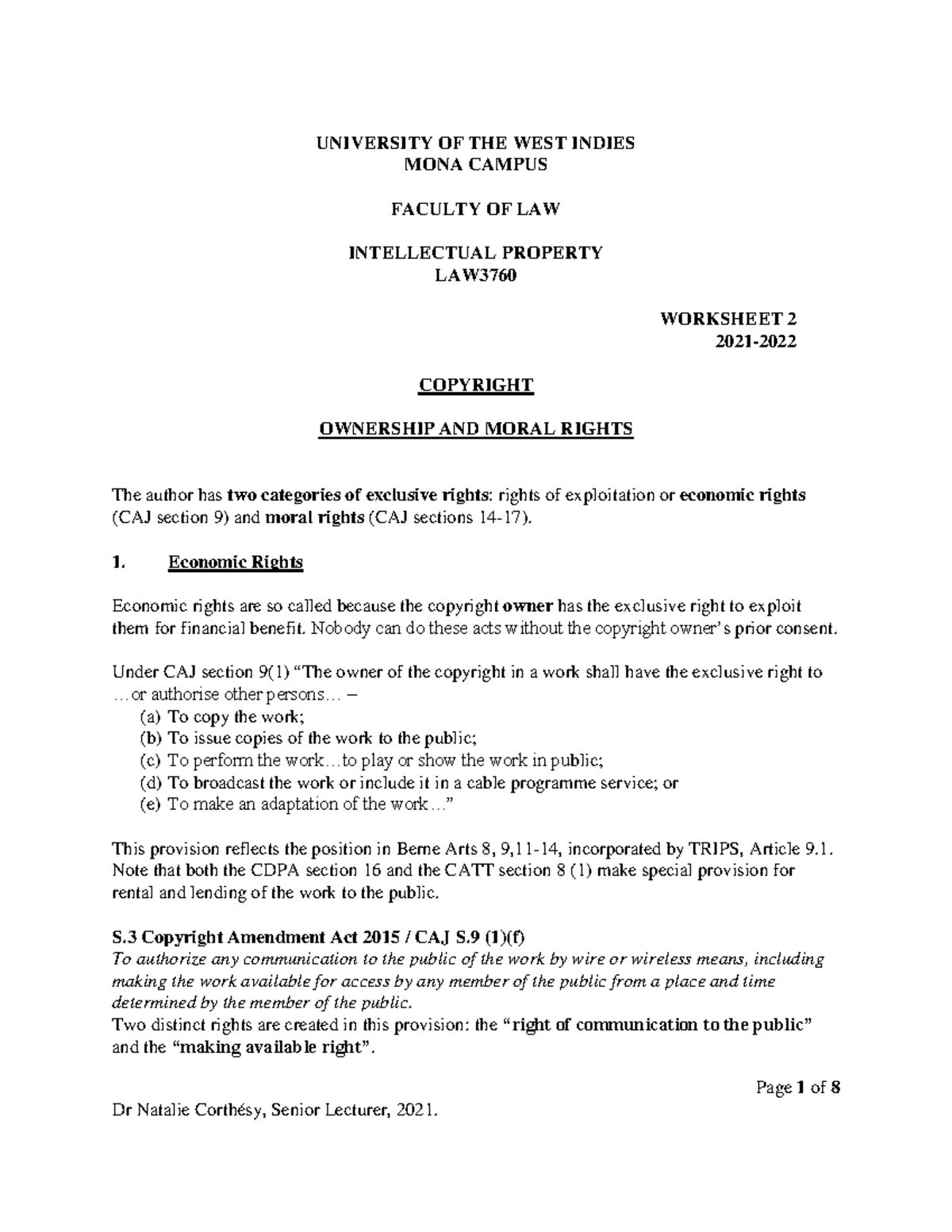 Intellectual Property Worksheet 2 2021 - Page 1 of 8 UNIVERSITY OF THE ...