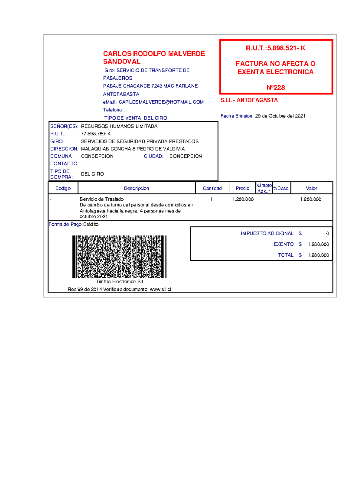 factura del documento - CARLOS RODOLFO MALVERDE SANDOVAL Giro: SERVICIO ...