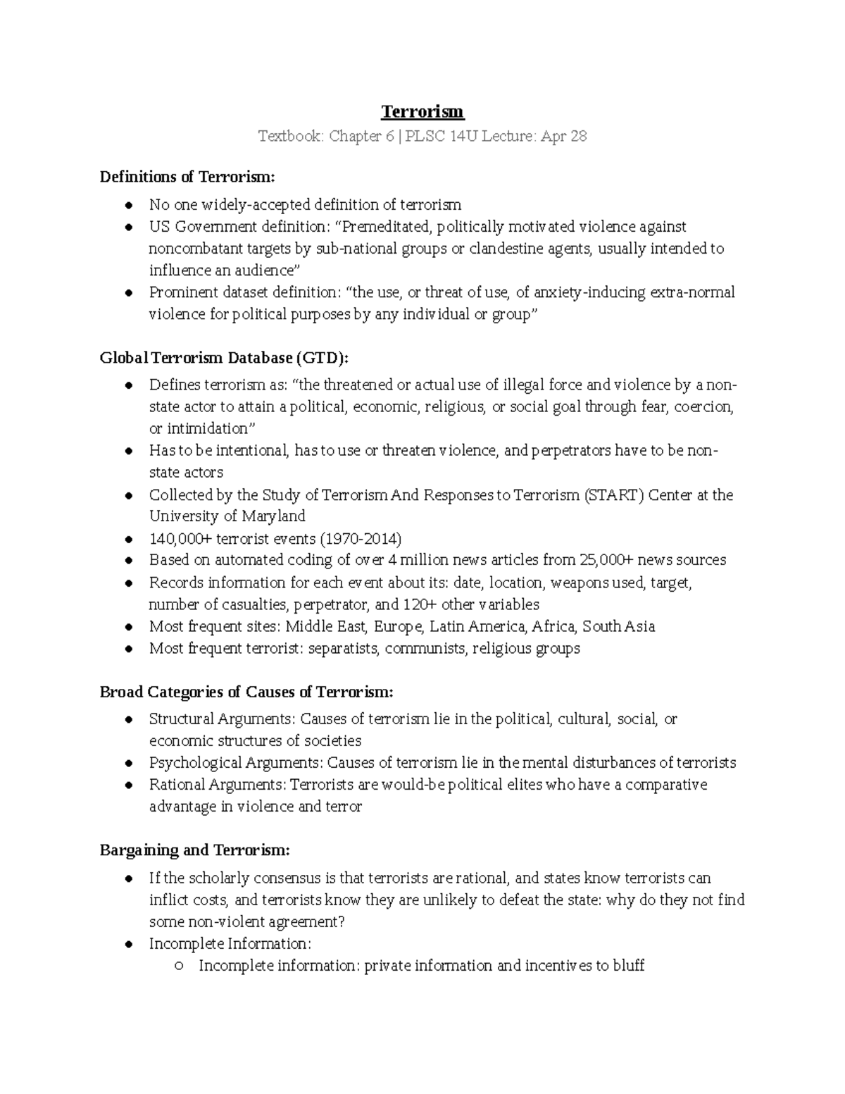 Terrorism Notes - Dr. Douglas Lemke - Terrorism Textbook: Chapter 6 ...