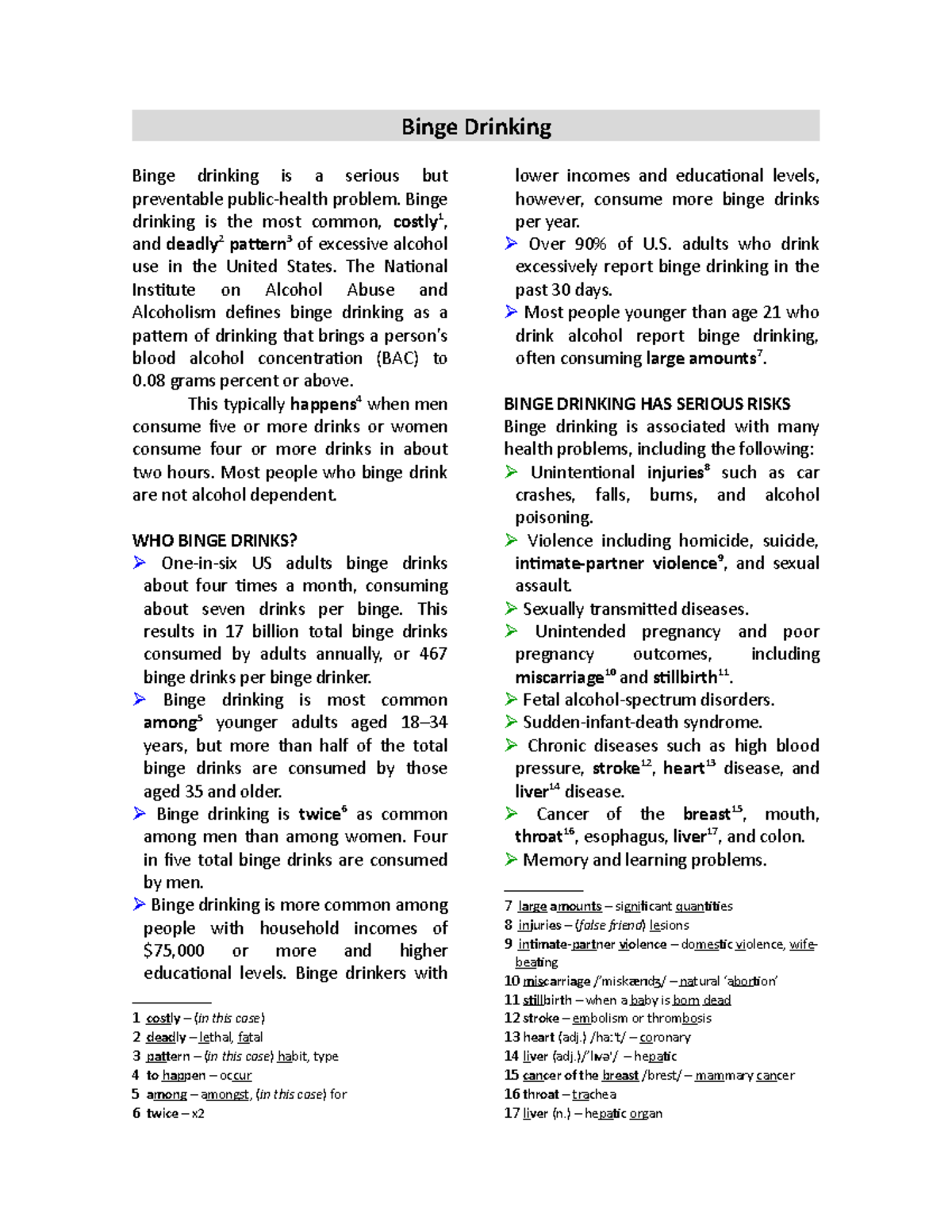 2.2 Binge Drinking Exercise - Reading Listening Comprehension - Binge ...