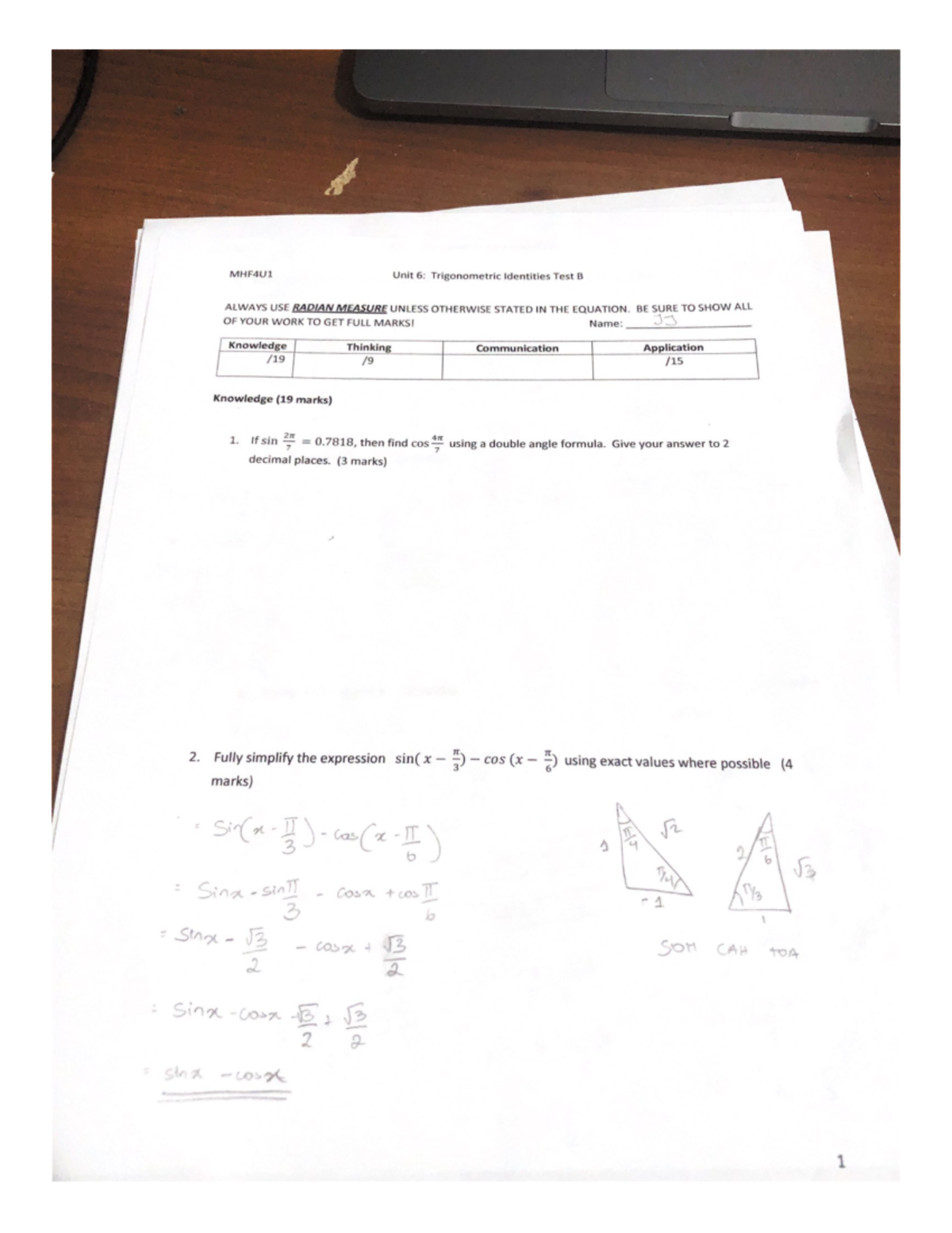 Unit 6 Trigonometric Identities Test B - AN100 - Studocu