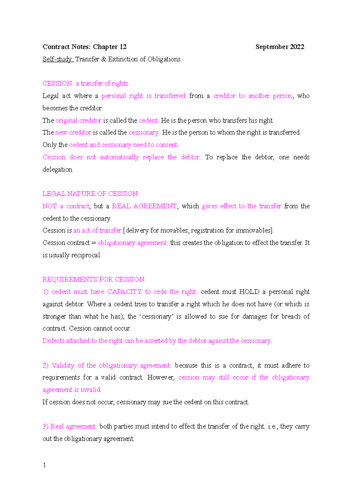 Contract Law Notes Chapter 12 - Legal act where a personal right is ...