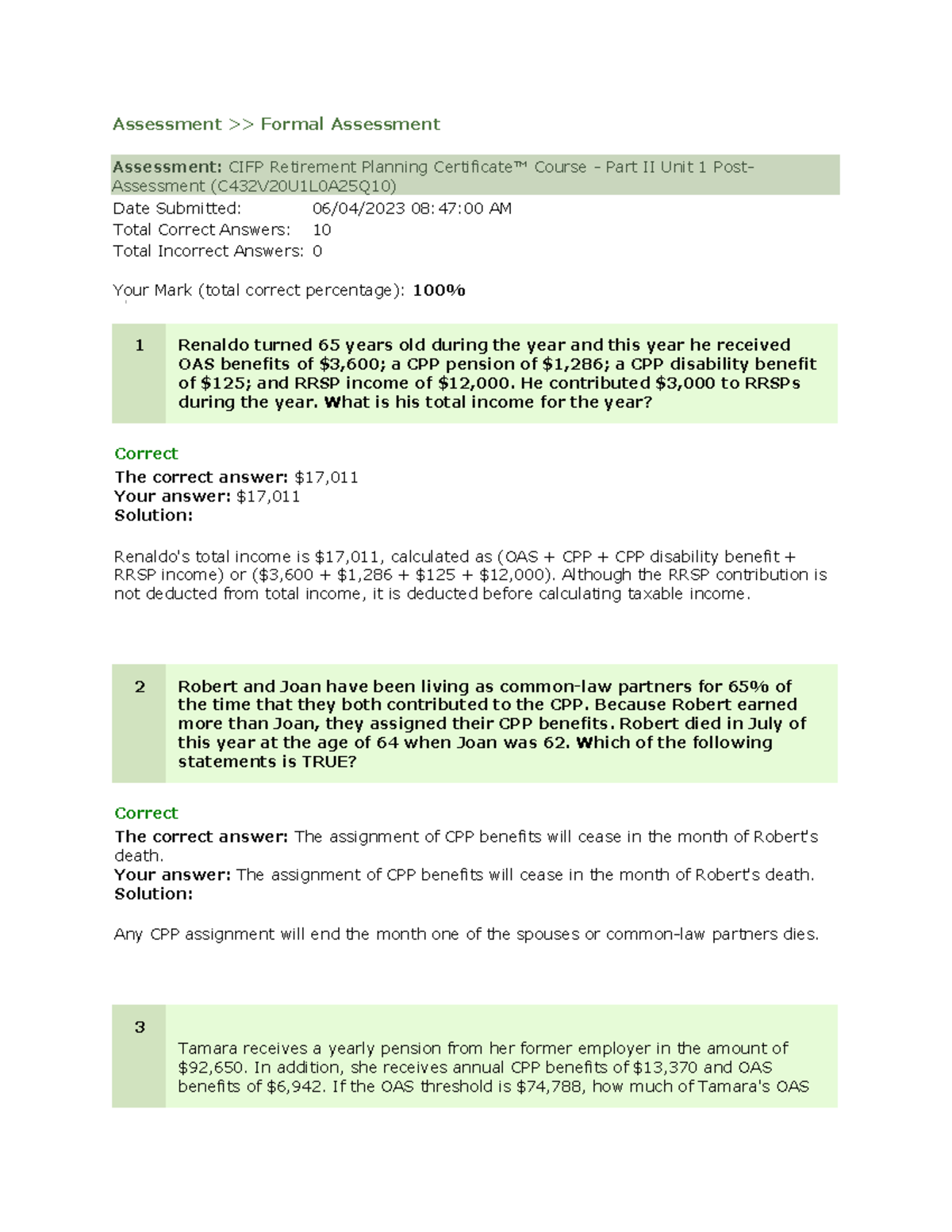 CIFP retirement planning II - ch 1 - Assessment >> Formal Assessment ...