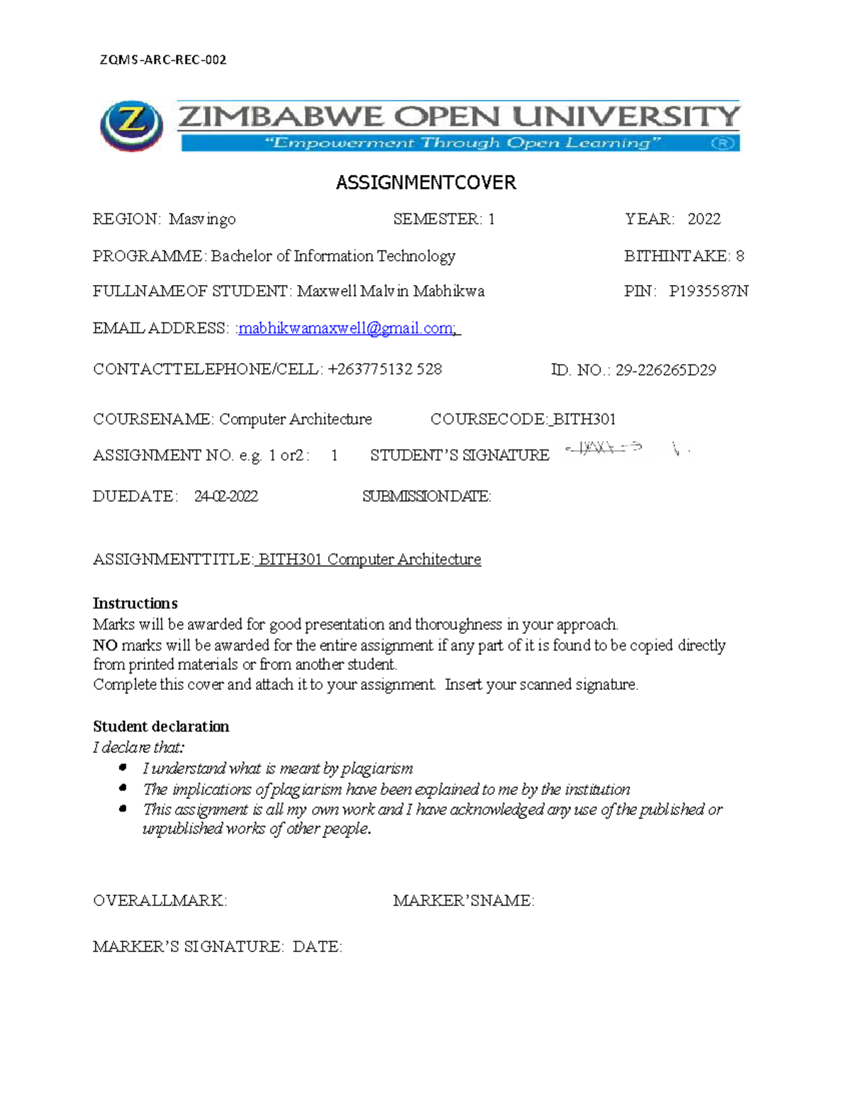 BITH 301 Assignment 1 - ZQMS-ARC-REC- ASSIGNMENT COVE R REGION ...