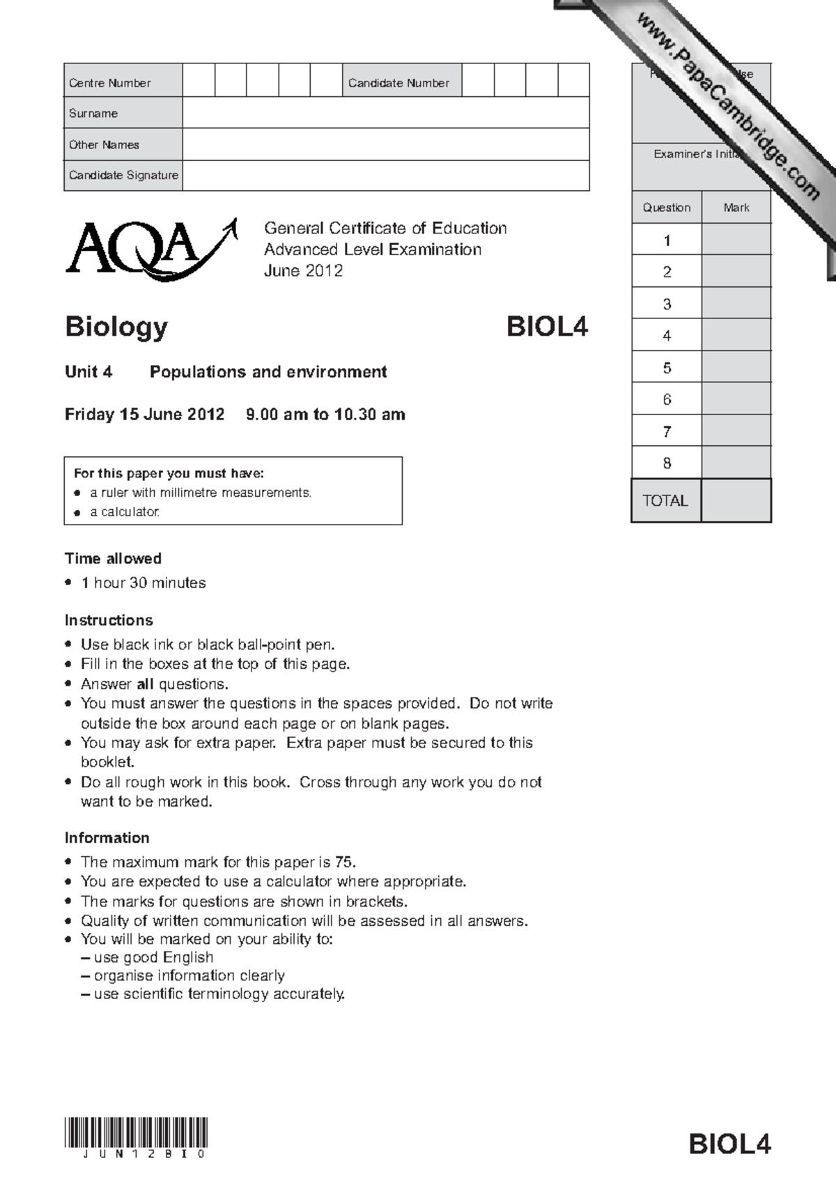AQA BIOL4 June 2012 QP ( Paper) - WMP/Jun12/BIOL4 BIOL Centre Number ...