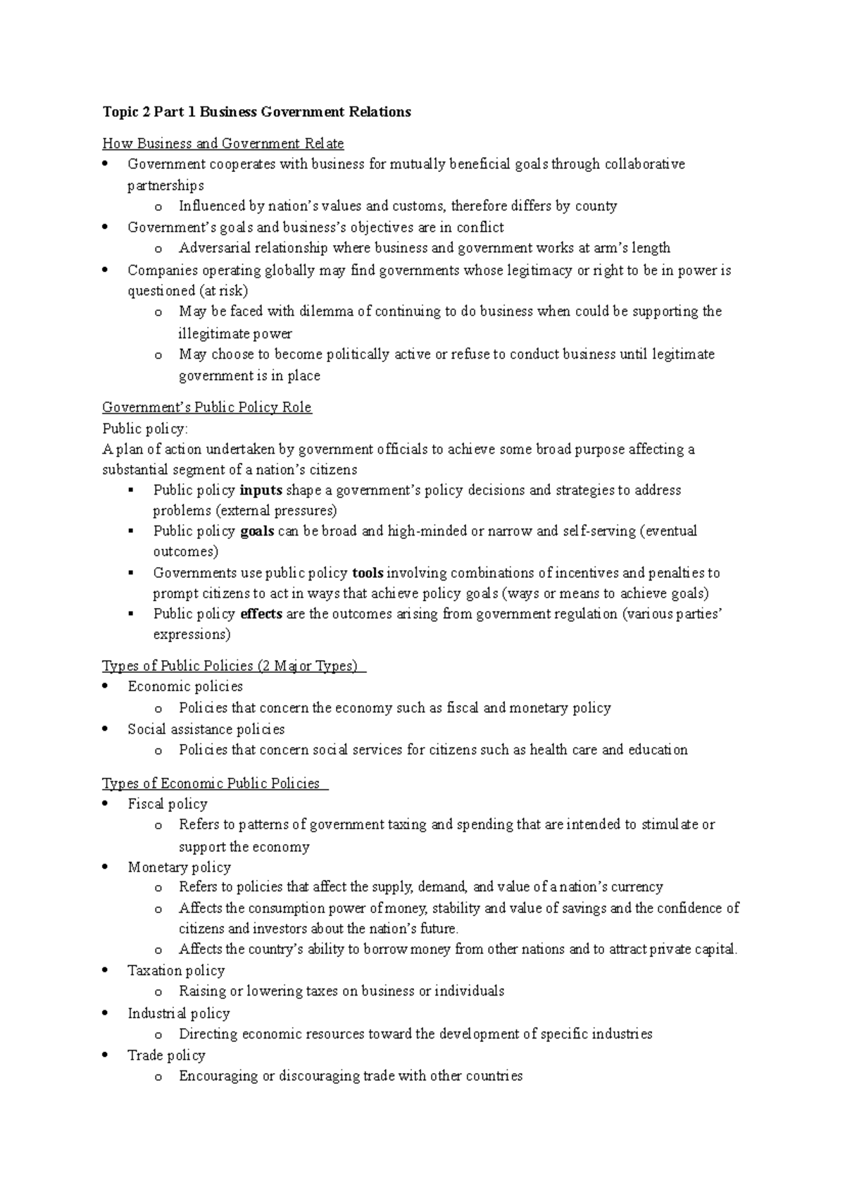 Topic 2 Part 1 - Summary notes - Topic 2 Part 1 Business Government ...