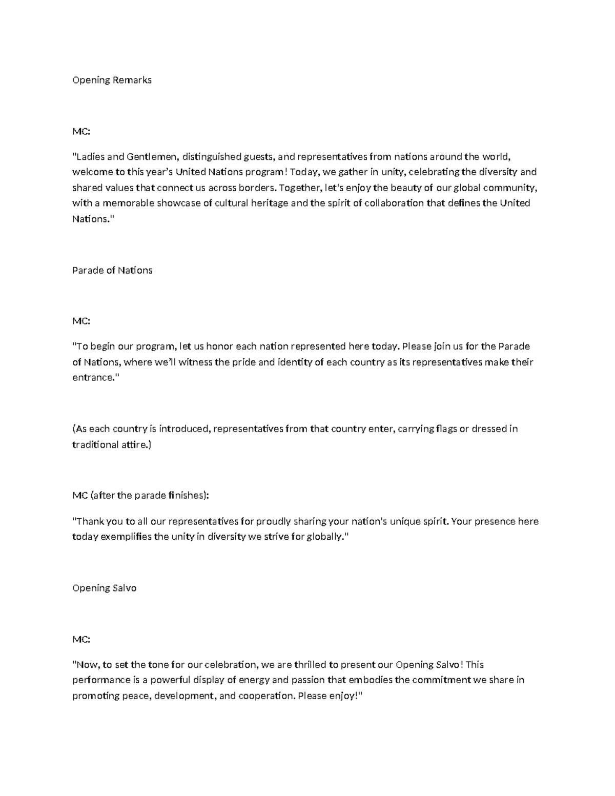 United nations - SCRIPT GUIDE FOR MC - Opening Remarks MC: "Ladies and ...