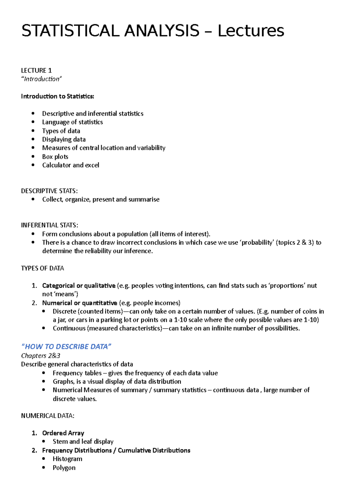 Stat Summary Statistical Analysis Lectures Lecture 1 “introduction” Introduction To