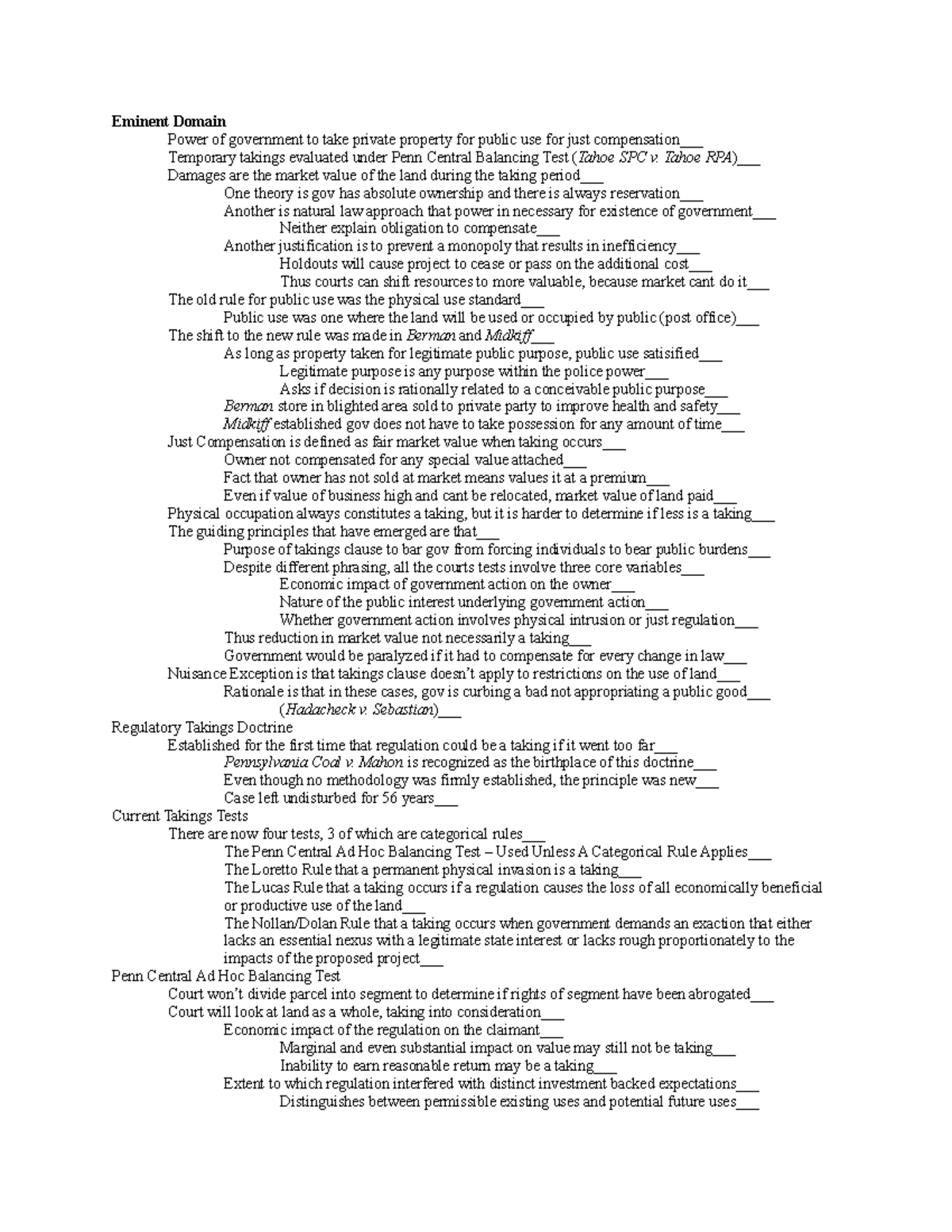 Property Law Outline - 3 - Eminent Domain Power of government to take ...