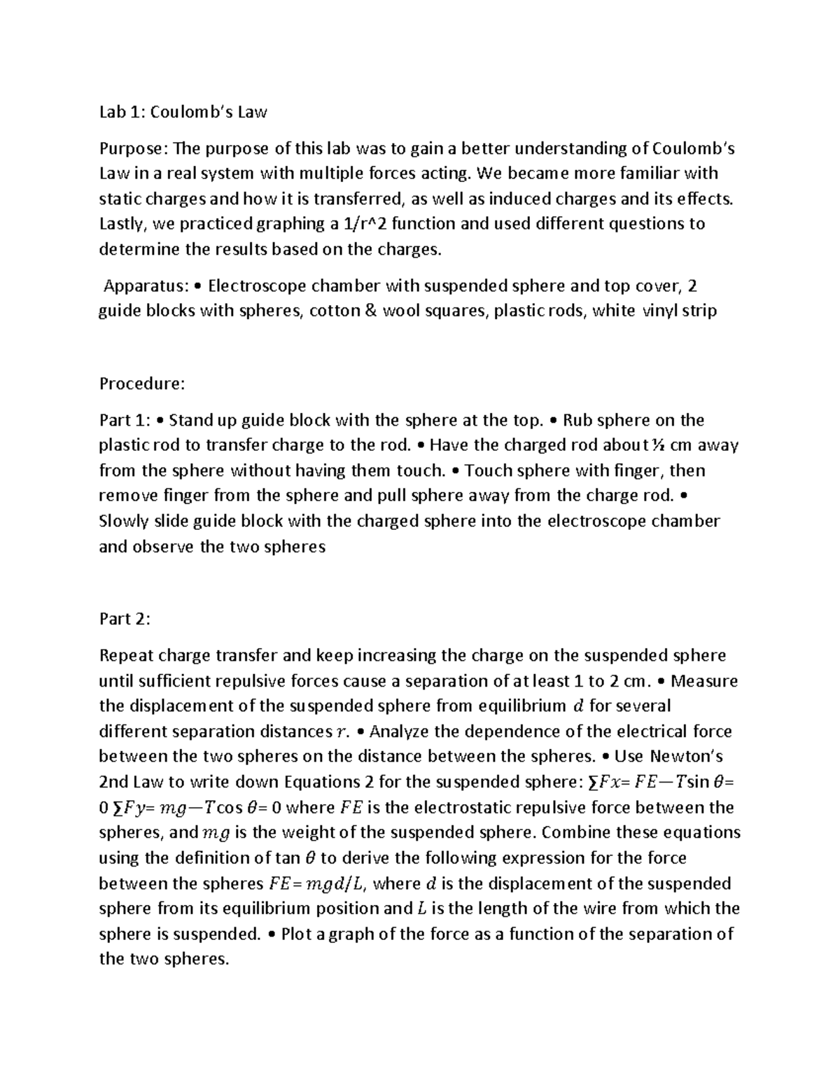 Lab 1 page 1 - GENERAL PHYSICS 2 LAB REPORT PAGE 1 - Lab 1: Coulomb’s ...