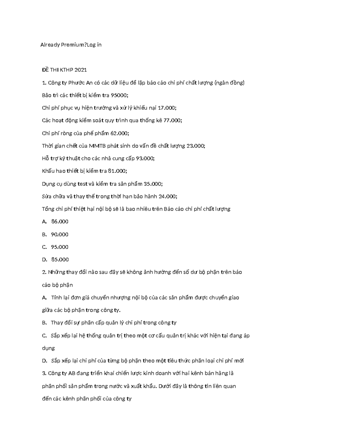 Ktqtri 2 - Summary Kế toán quản trị 2 - Already Premium?Log in ĐỀ THI KTHP 2021 1. Công ty Phước ...