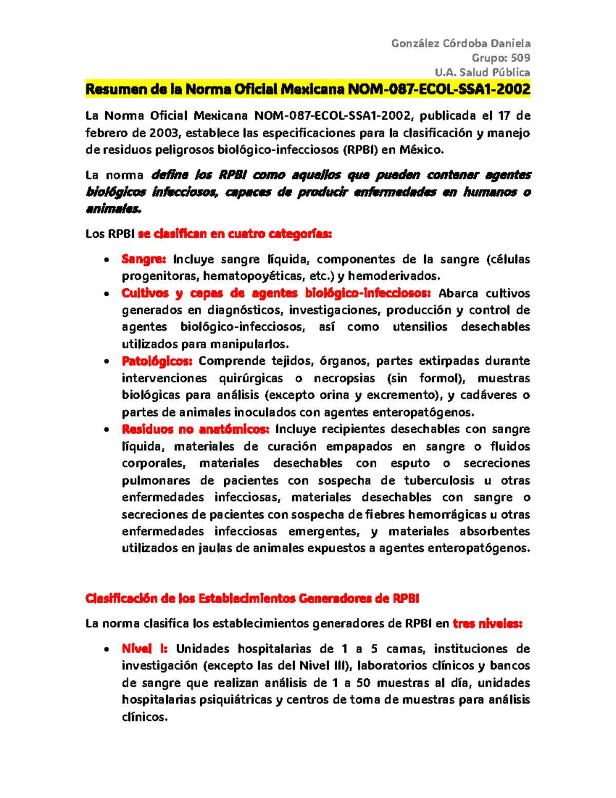 NOM-087-ECOL-2002 RPBI - Grupo: 509 U. Salud Pública Resumen de la ...