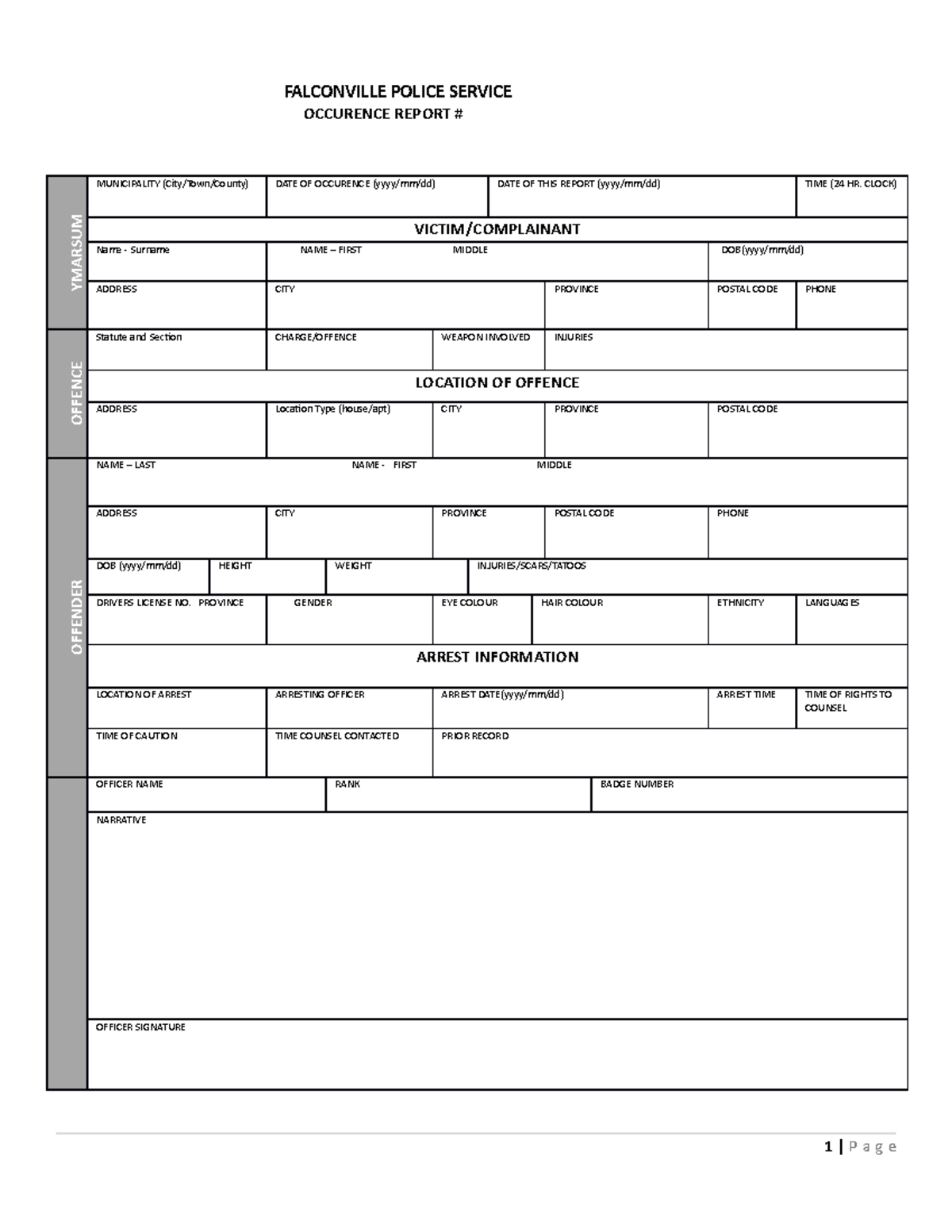 Arrest Report (1)1 - FALCONVILLE POLICE SERVICE OCCURENCE REPORT SUM ...