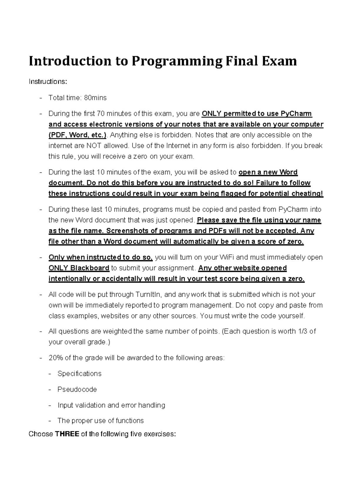 Final Exam 2022-2023 Sem 2 - Introduction to Programming Final Exam Instructions: - Total time ...