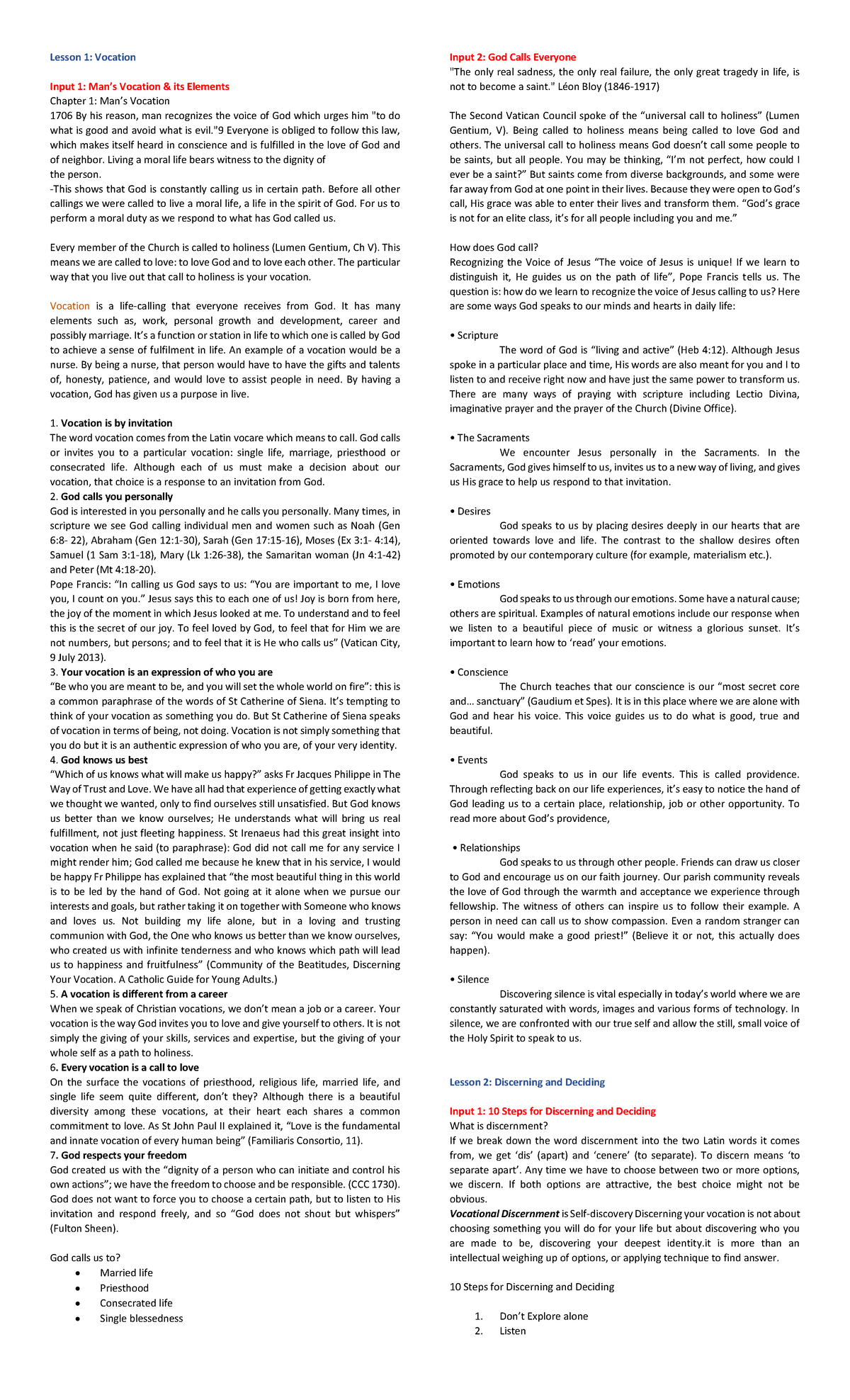 RELIGIOUS STUDY - Lesson 1: Vocation Input 1: Man’s Vocation & its ...