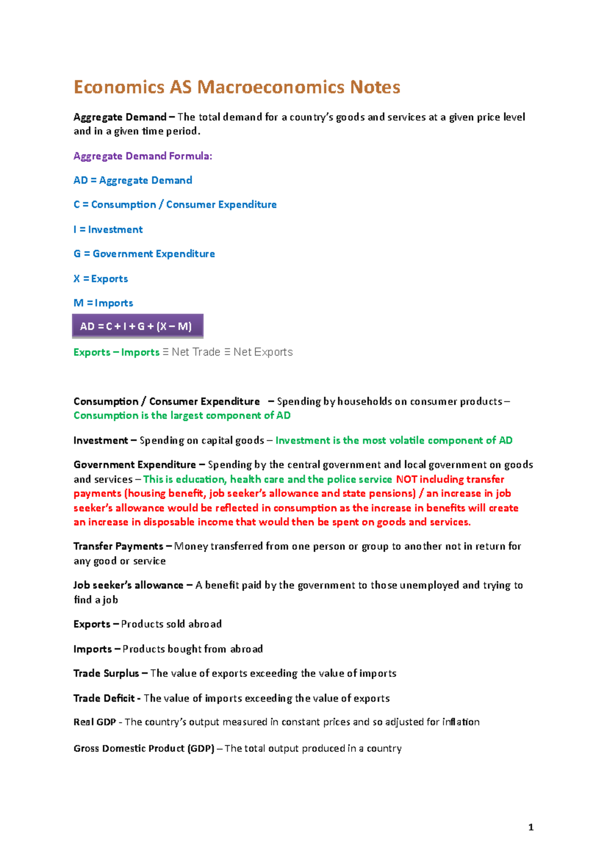 AS Macro revision notes - Economics AS Macroeconomics Notes Aggregate ...