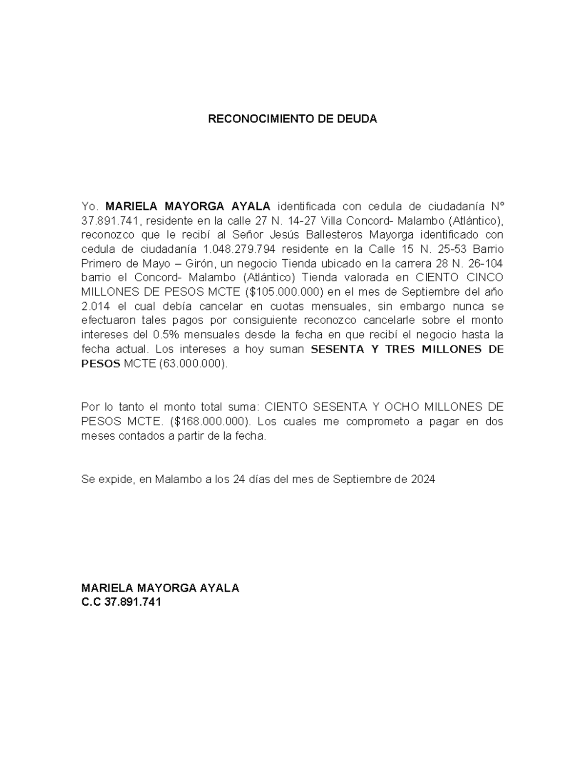 Reconocimiento de deuda - RECONOCIMIENTO DE DEUDA Yo. MARIELA MAYORGA ...