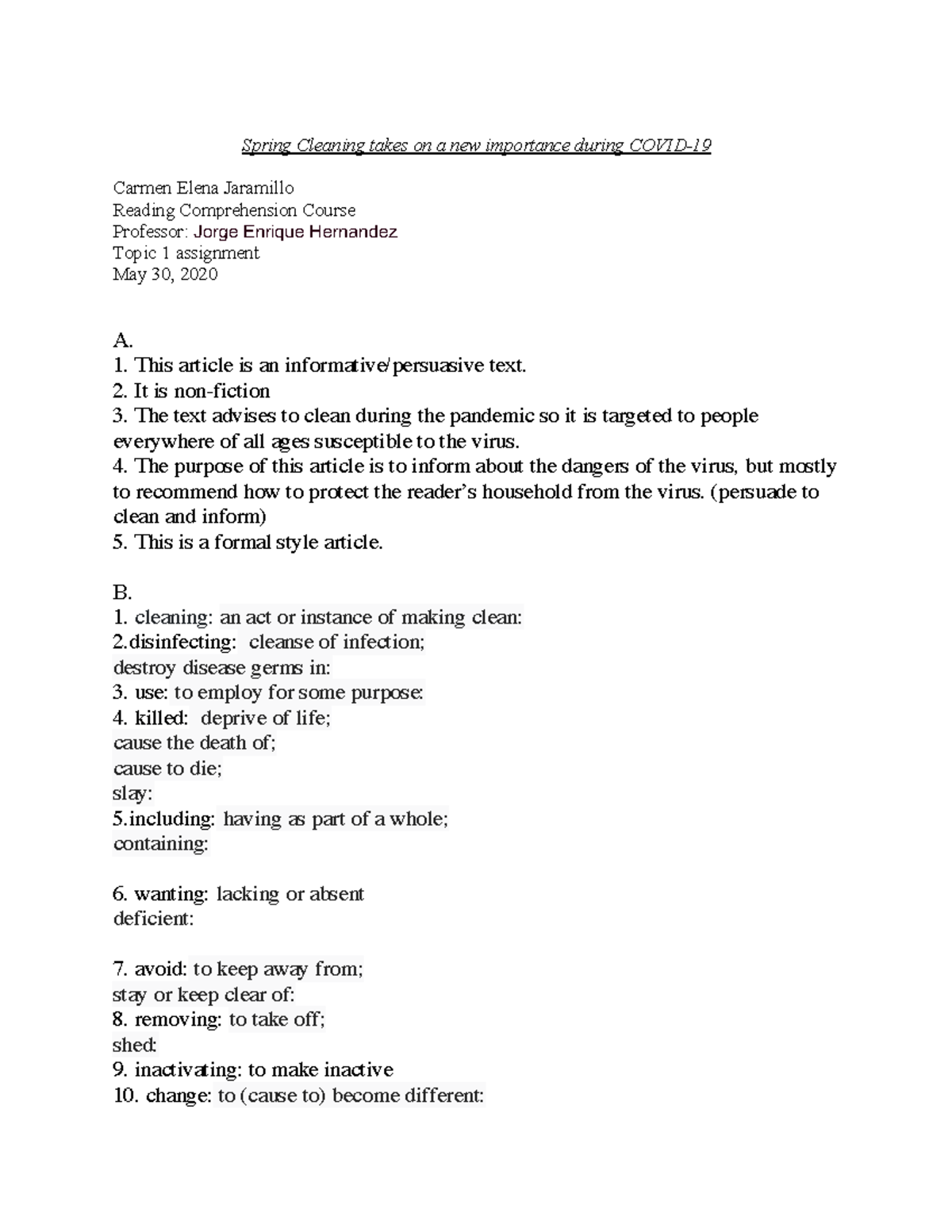 Reading Comprehension Topic Task 1 Carmen (2) - Spring Cleaning takes ...