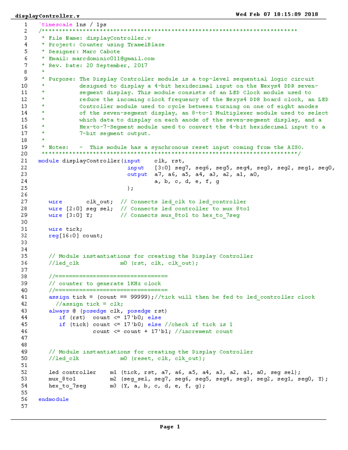 Display Controller - displayController Wed Feb 07 18:15:09 2018 Page 1 ...