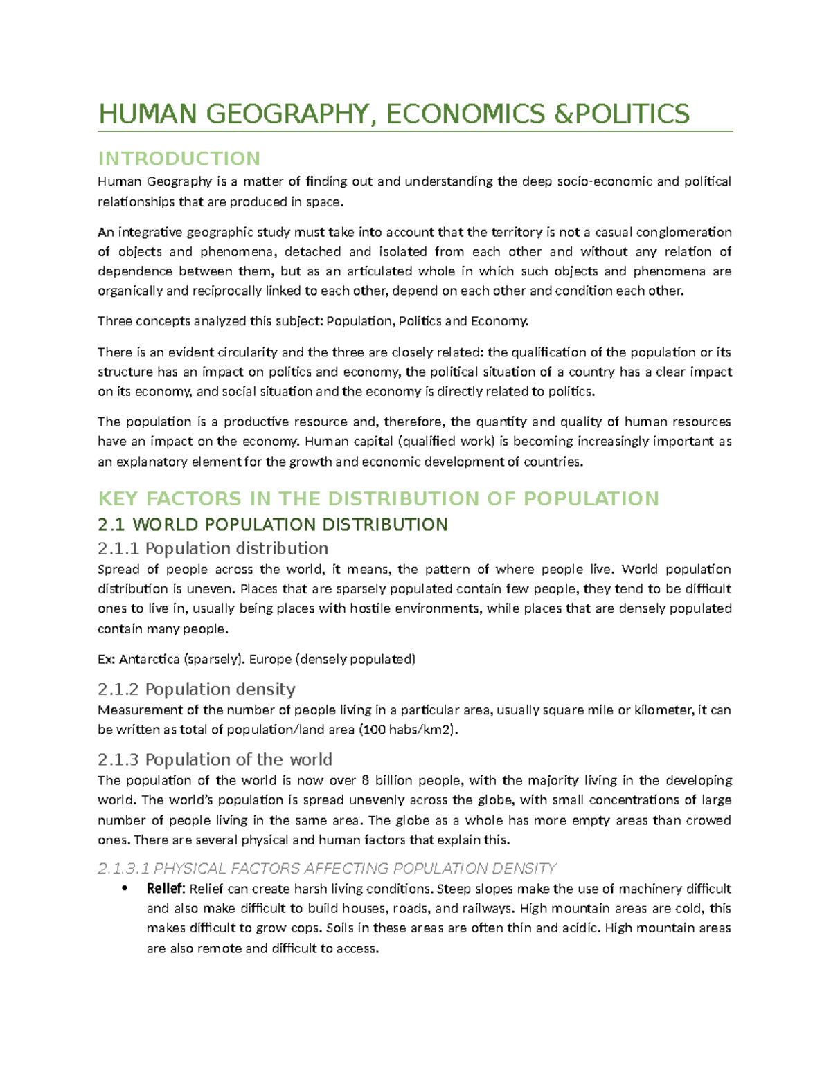 Apuntes geo - HUMAN GEOGRAPHY, ECONOMICS &POLITICS INTRODUCTION Human ...