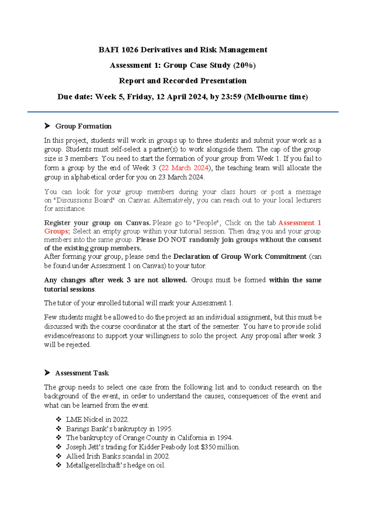 Assessment 1 - BAFI 1026 Derivatives and Risk Management - BAFI 1026 Derivatives and Risk ...