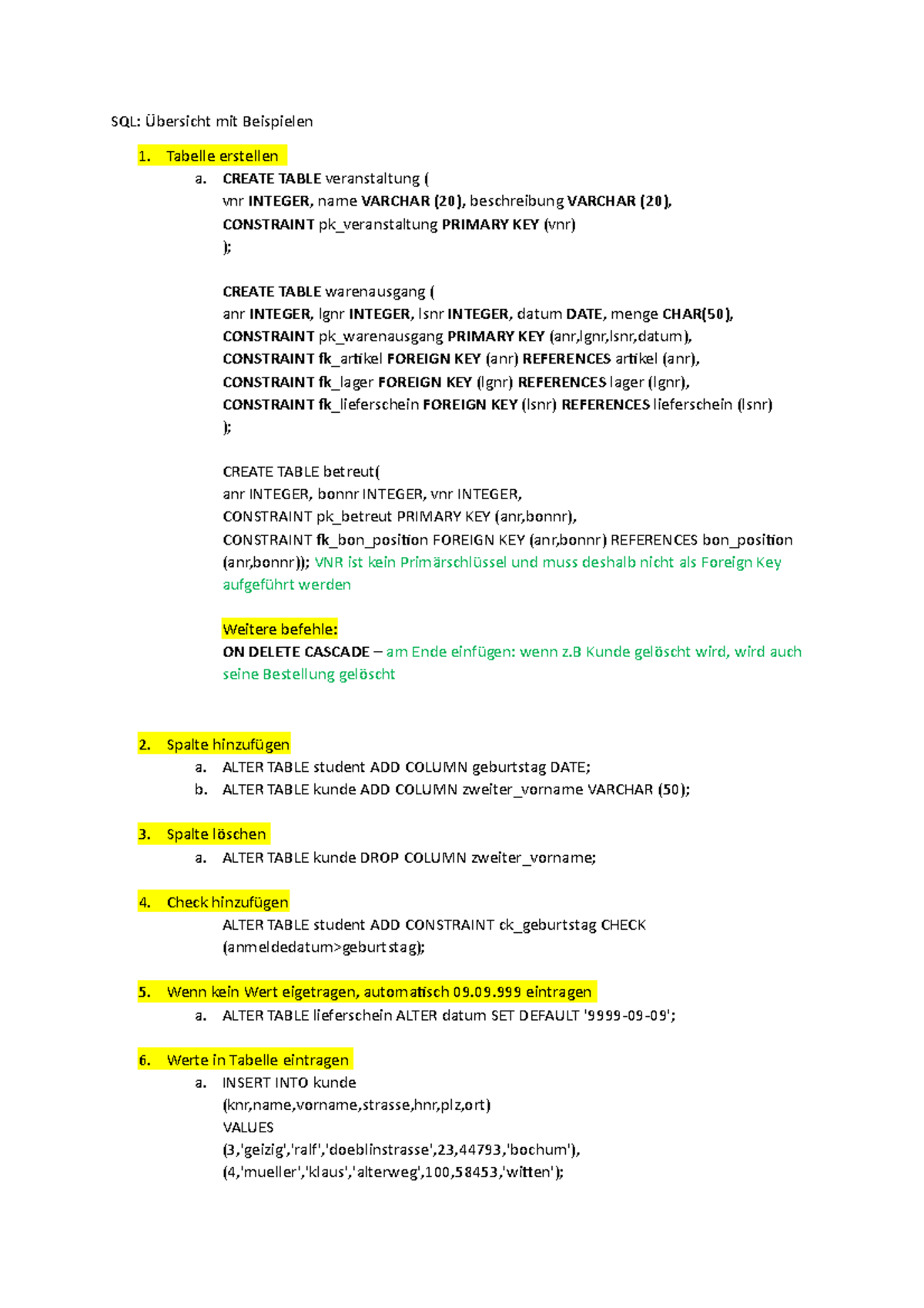 SQL Übersicht mit Beispielen - SQL: Übersicht mit Beispielen Tabelle ...