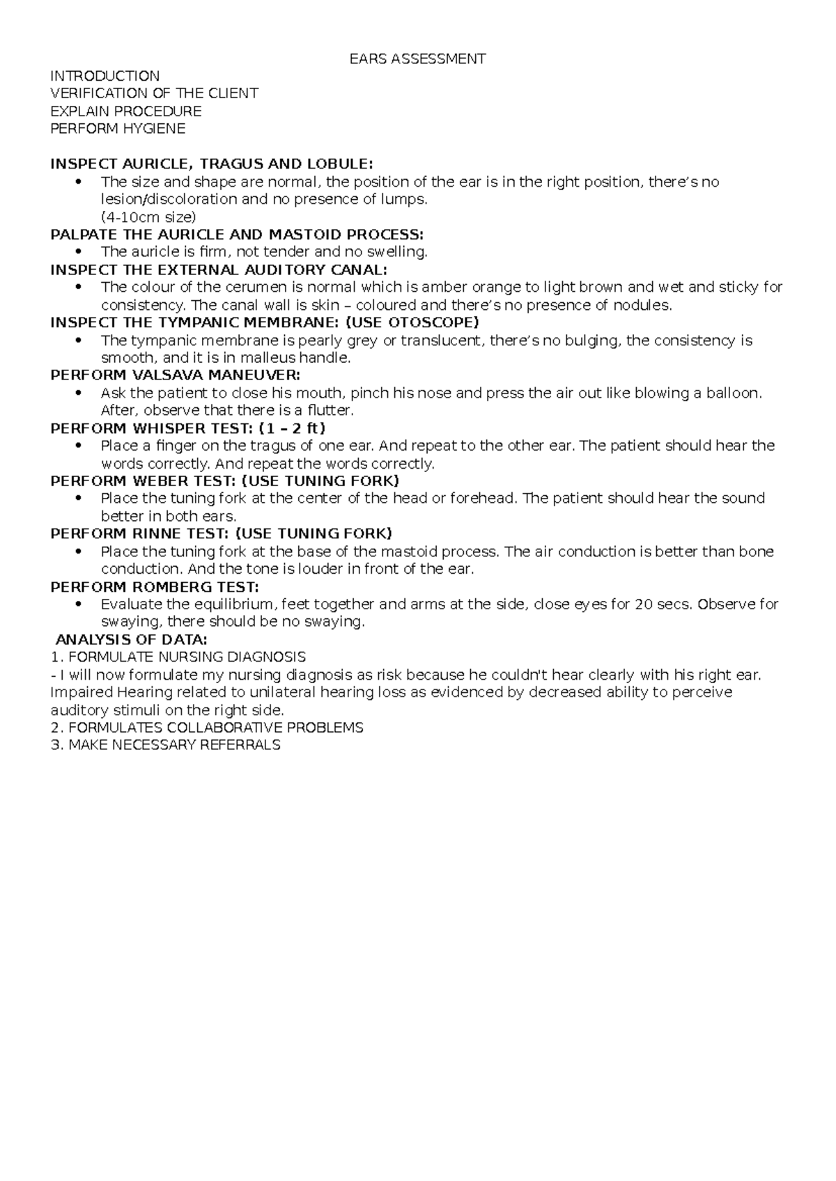 EARS- Assessment - Summary Nursing - EARS ASSESSMENT INTRODUCTION ...