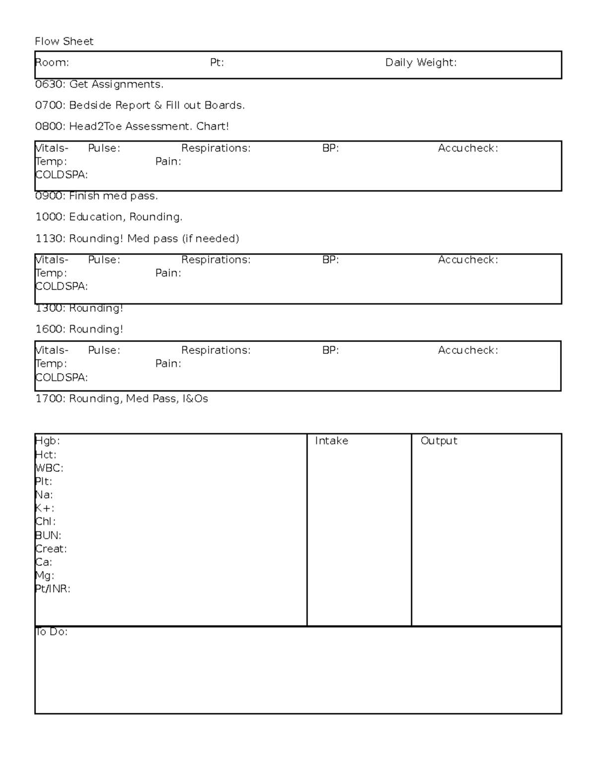 Flow Sheet - Flow Sheet Room: Pt: Daily Weight: 0630: Get Assignments ...