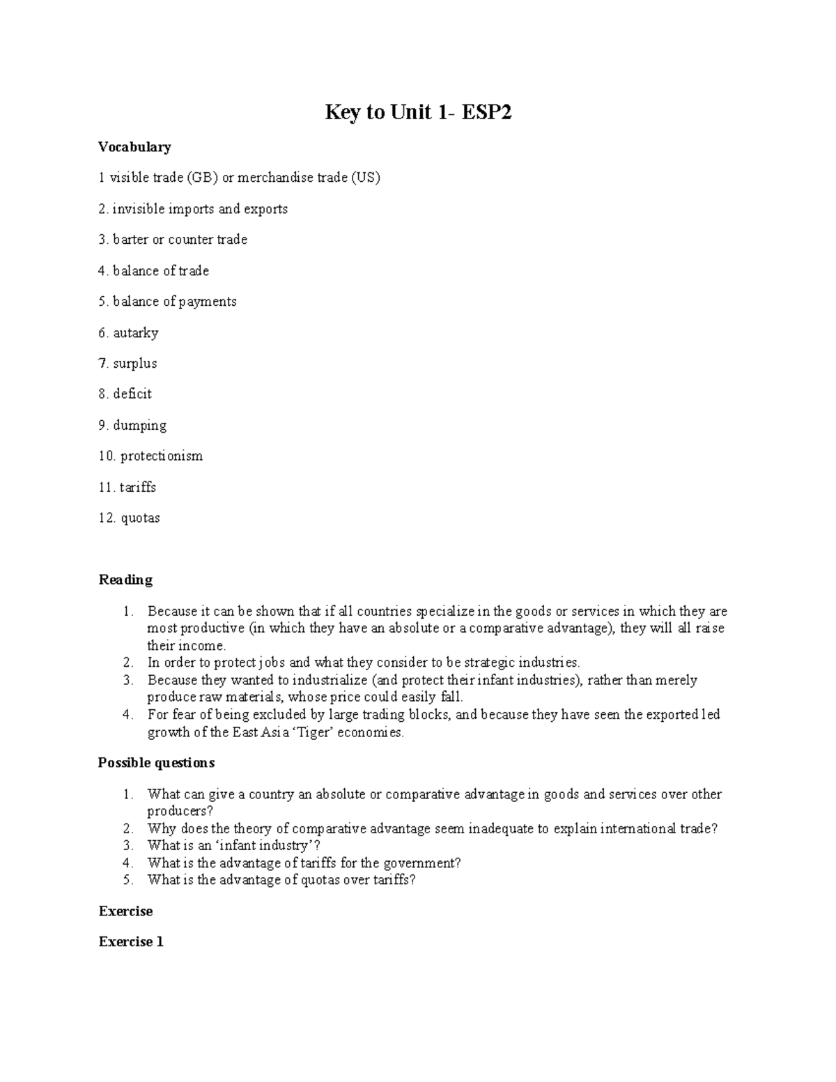 Key esp Unit 1 - Key ESP2 Unit 1 - Key to Unit 1- ESP Vocabulary 1 ...