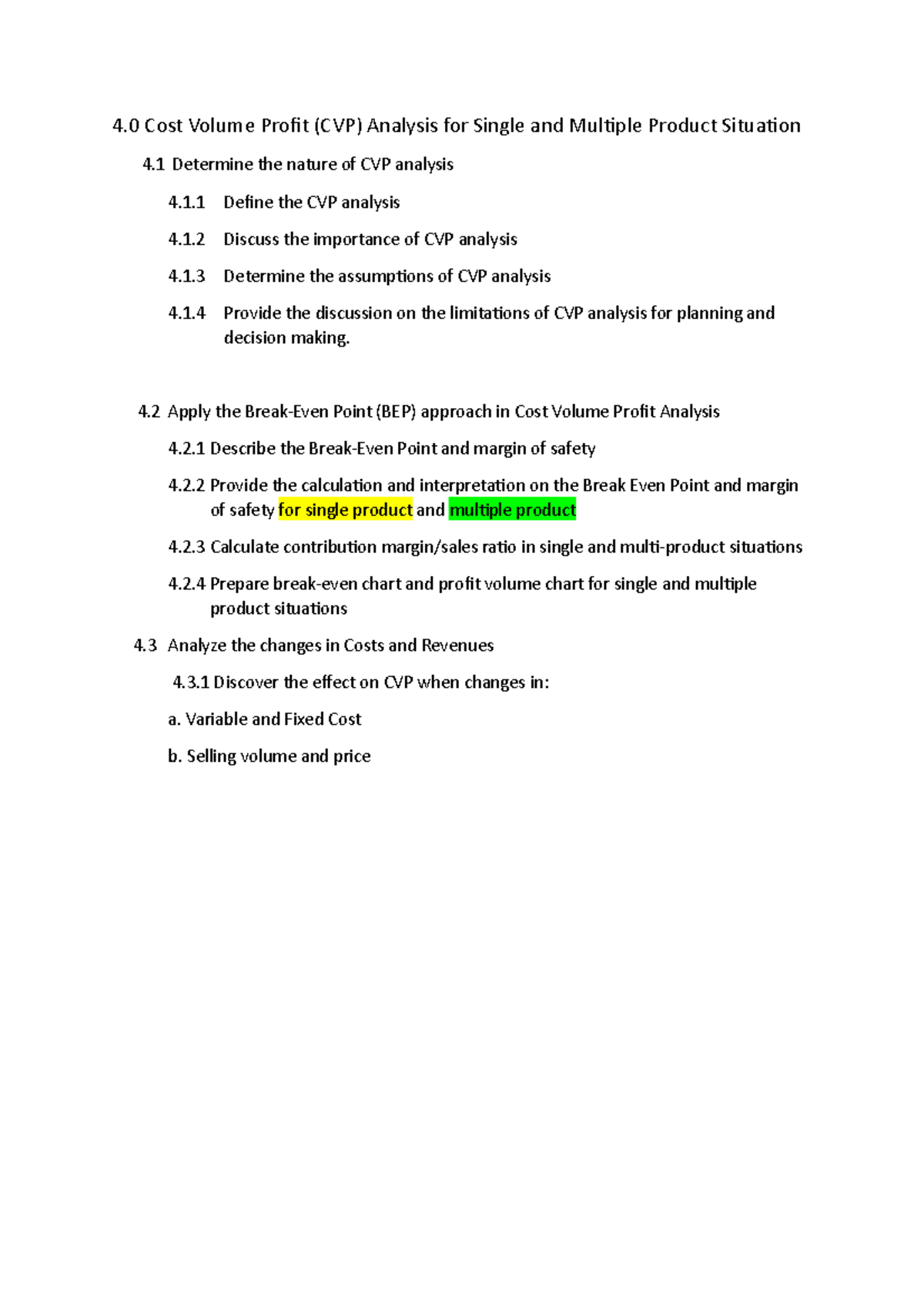 Chapter 4 Cost Volume Profit Analysis 4 Cost Volume Profit CVP