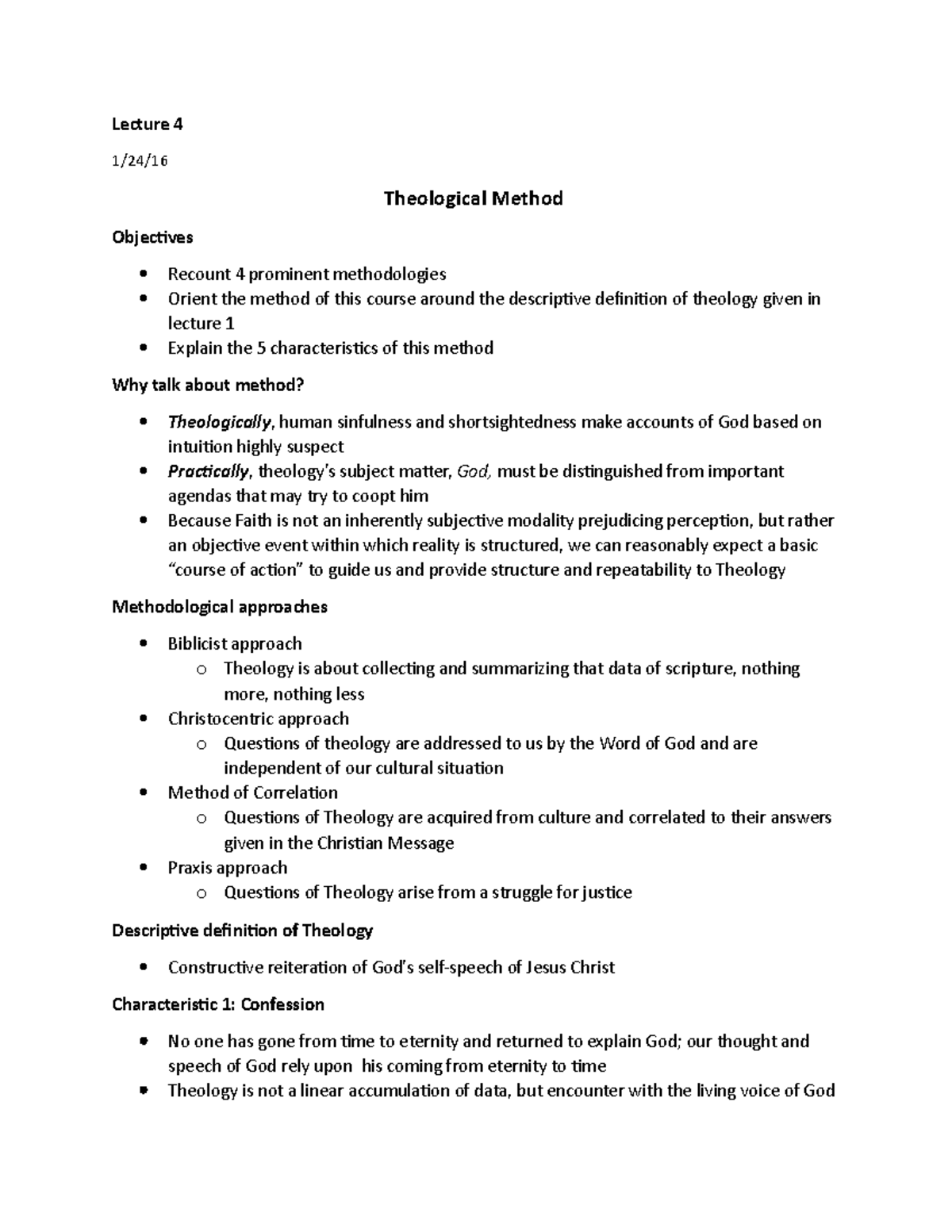 Lecture 4 - Lecture 4 1/24/ Theological Method Objectives Recount 4 ...