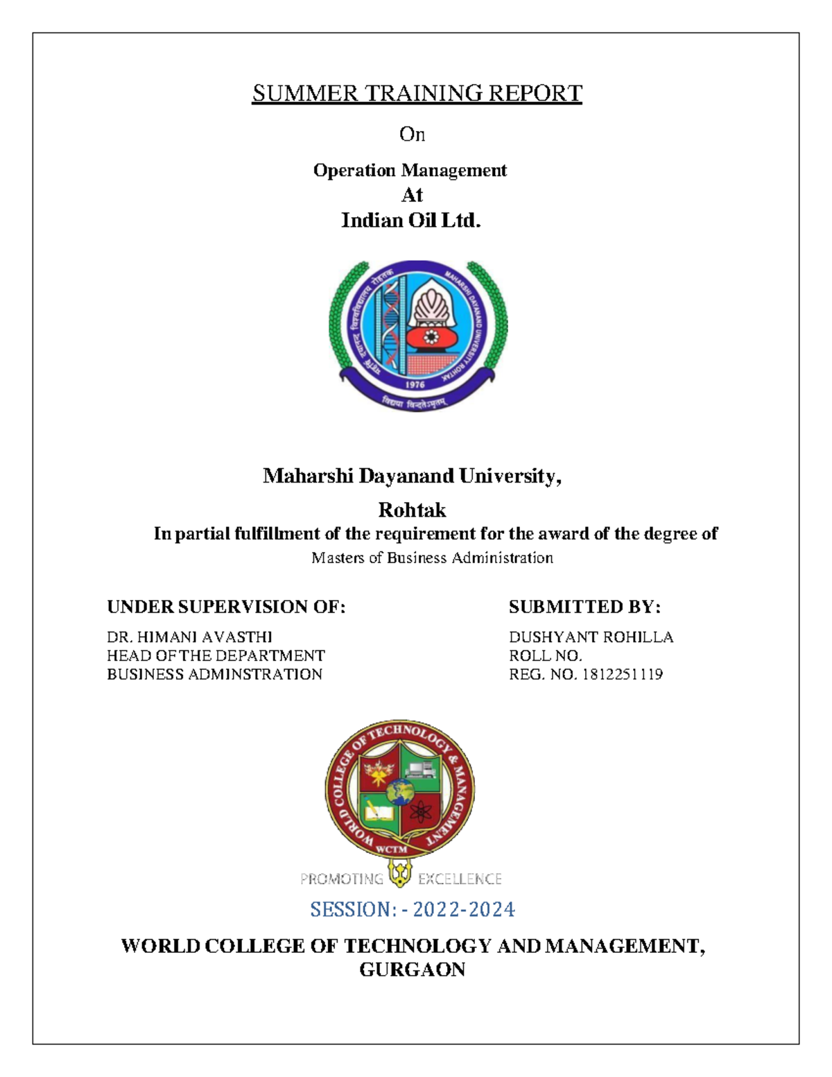 Summer Internship Report - SUMMER TRAINING REPORT On Operation ...