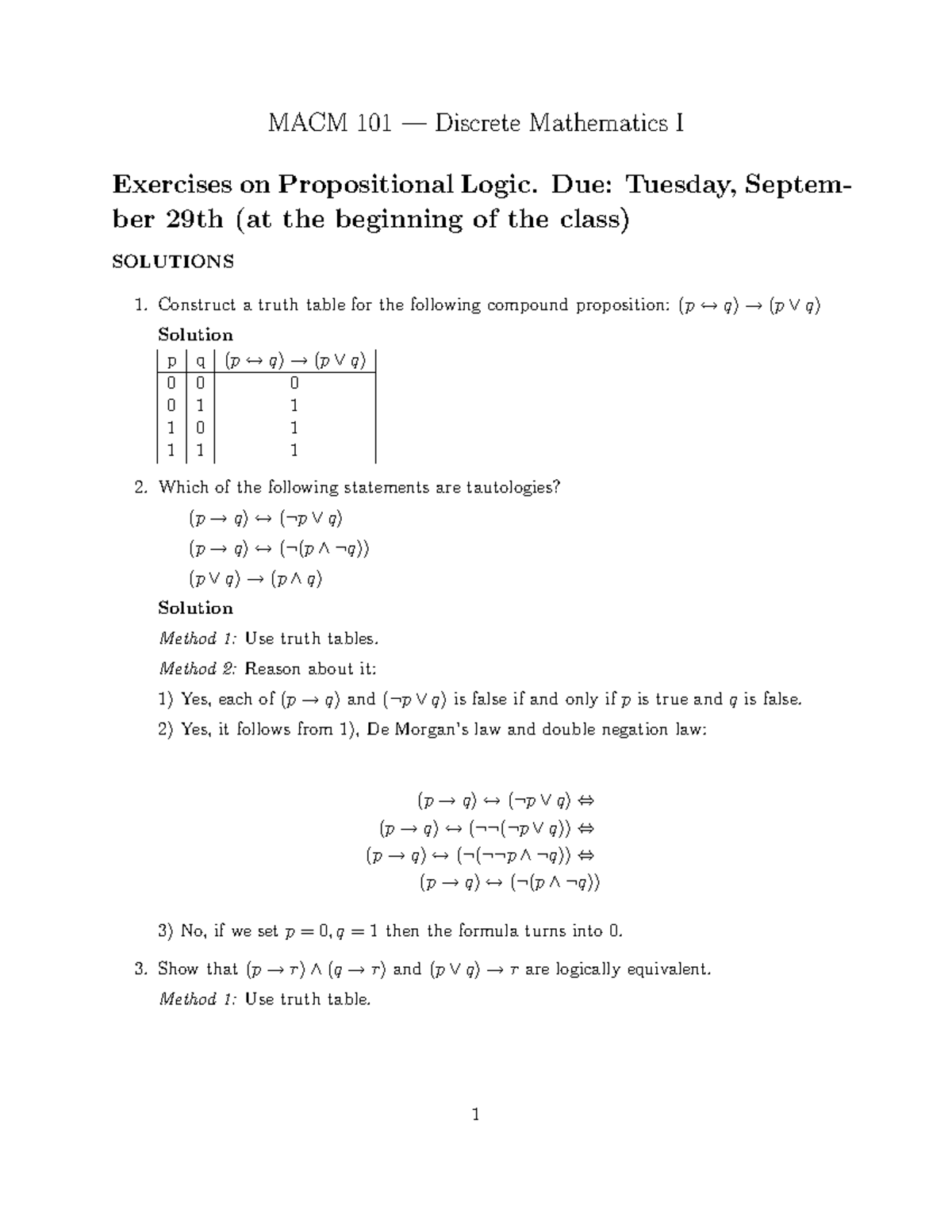 Assignment 1-solutions - MACM 101 — Discrete Mathematics I Exercises on Propositional Logic. Due ...