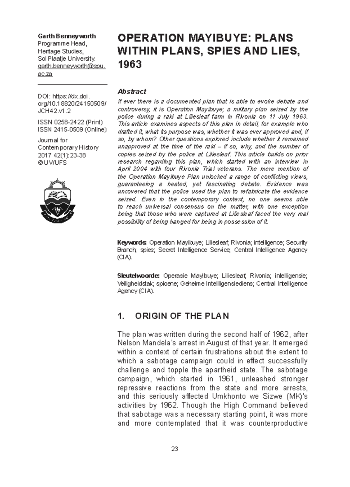 Operation mayibuye - This article examines aspects of this plan in ...