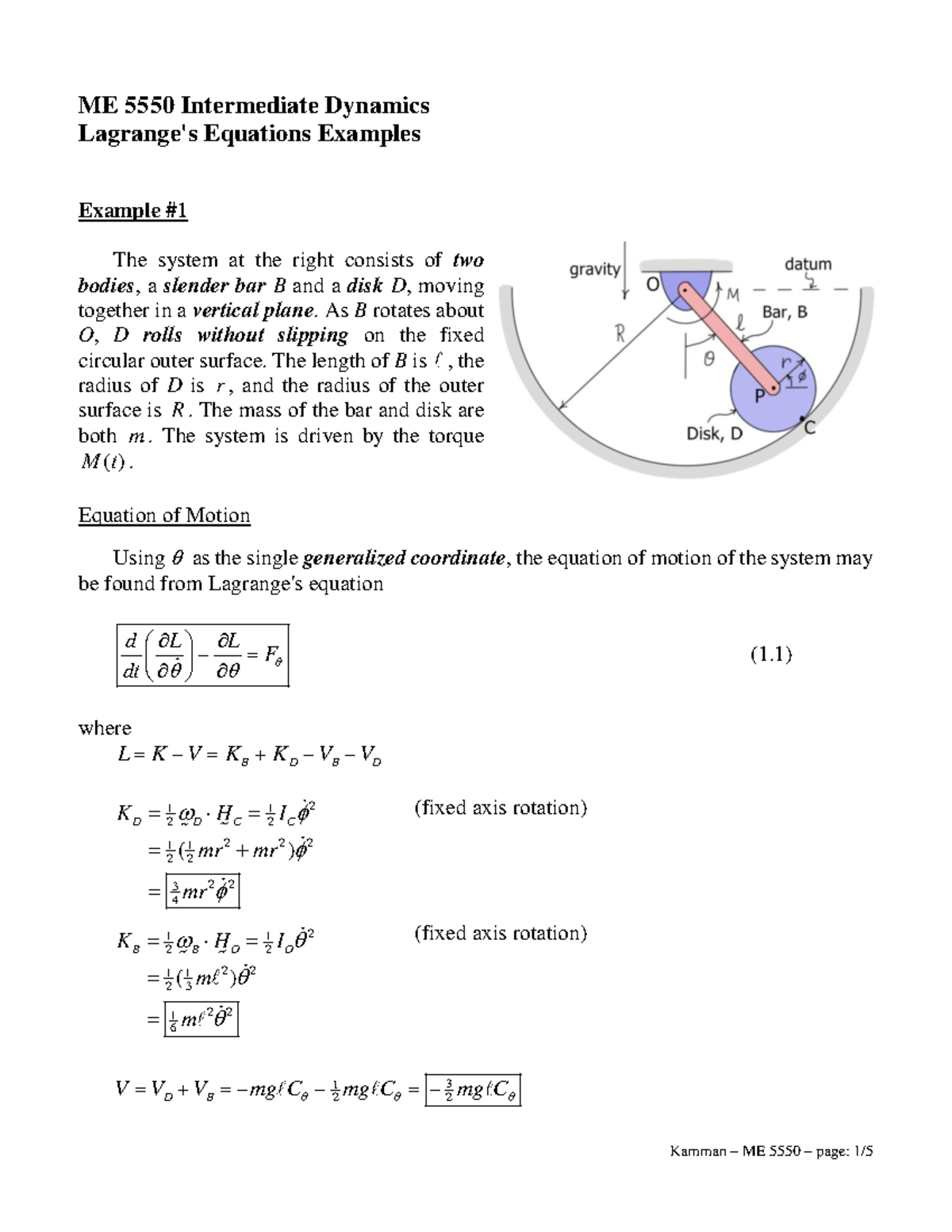 ME555Lagranges EOMExamples - ME 5550 Intermediate Dynamics Lagrange's Equations Examples Example ...