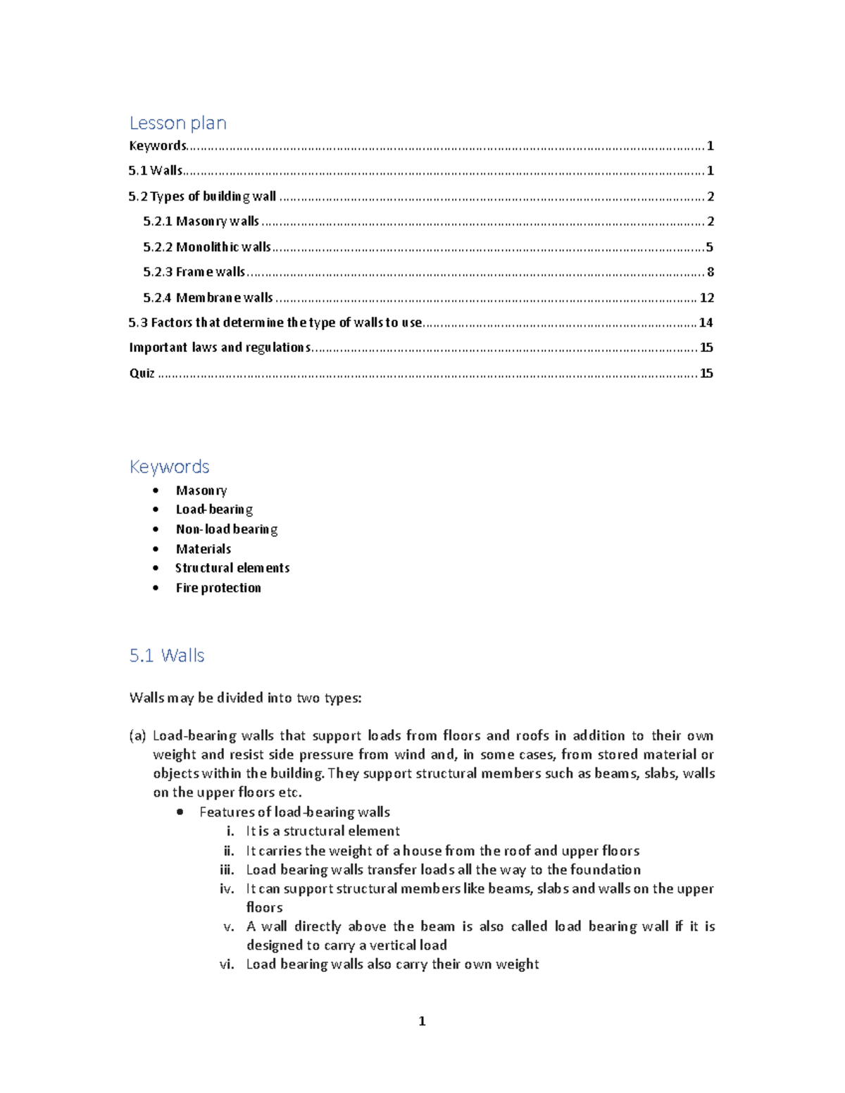 BUILDING TECH-WALLS - Lesson plan - Studocu