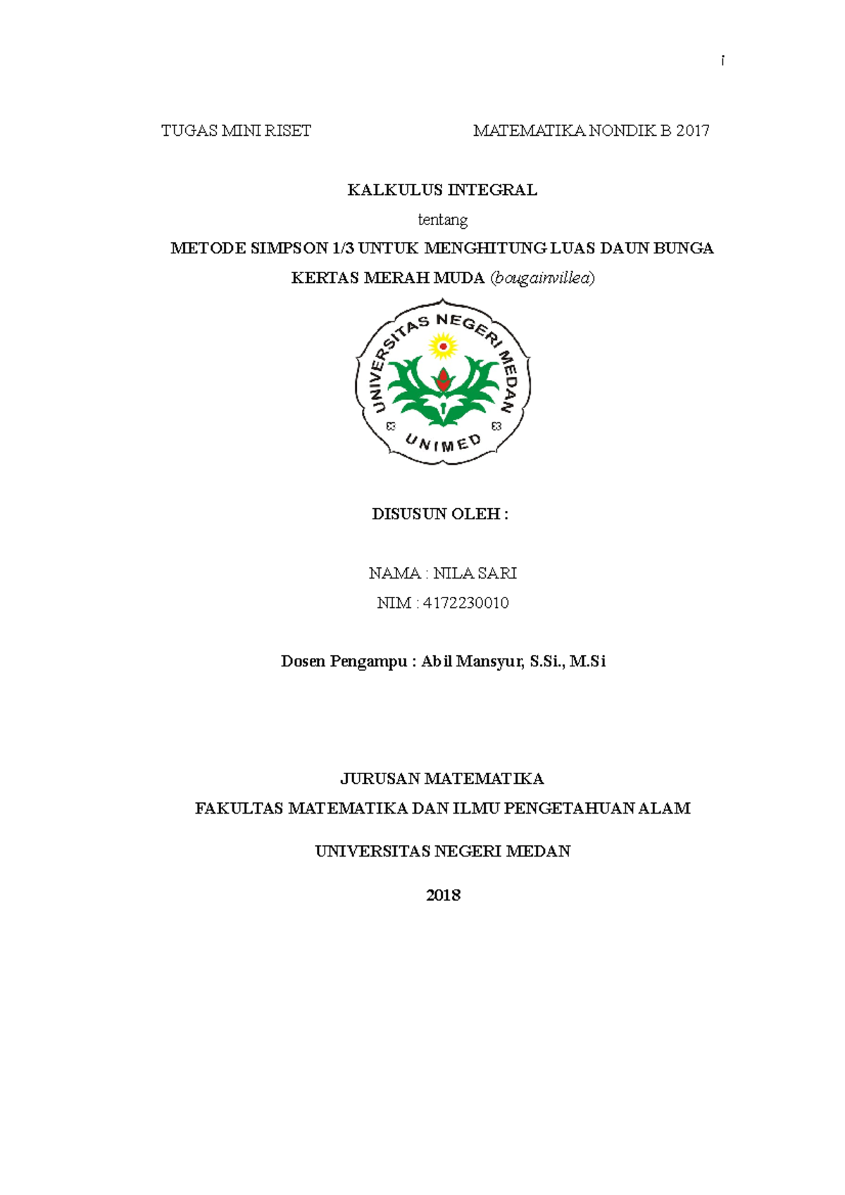 MR Kalin - Tugas mini riset untuk mata kuliah Kalkulus Integral. - i TUGAS MINI RISET MATEMATIKA ...