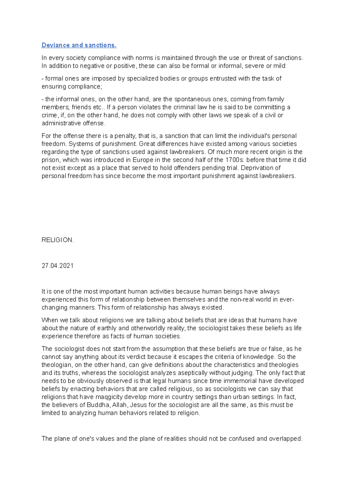 Deviance and sanctions - In every society compliance with norms is ...