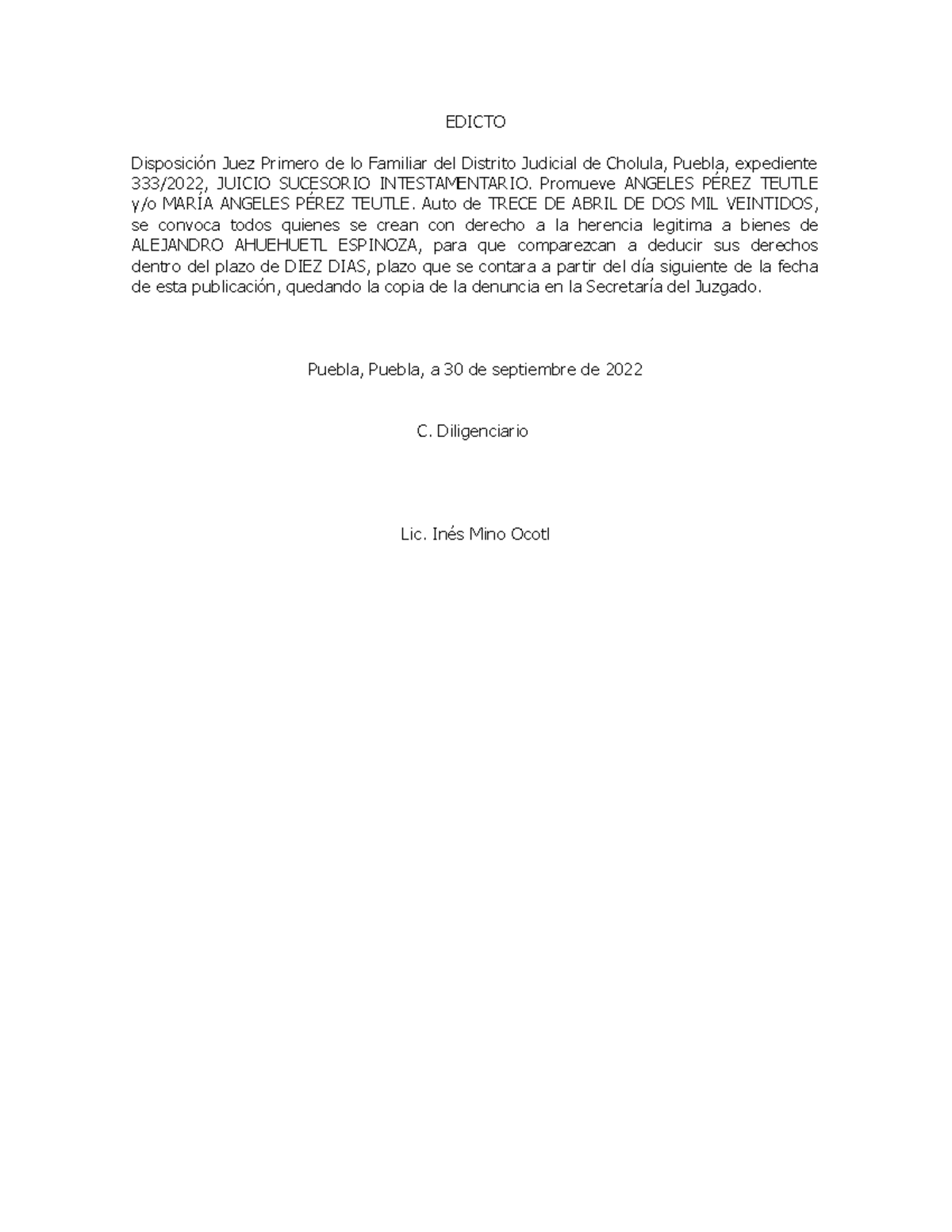 Edicto sucesorio 2 - EDICTO Disposición Juez Primero de lo Familiar del ...