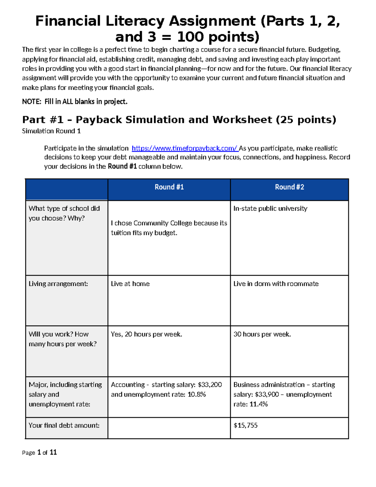 Financial Literacy Assignment - Budgeting, applying for financial aid ...