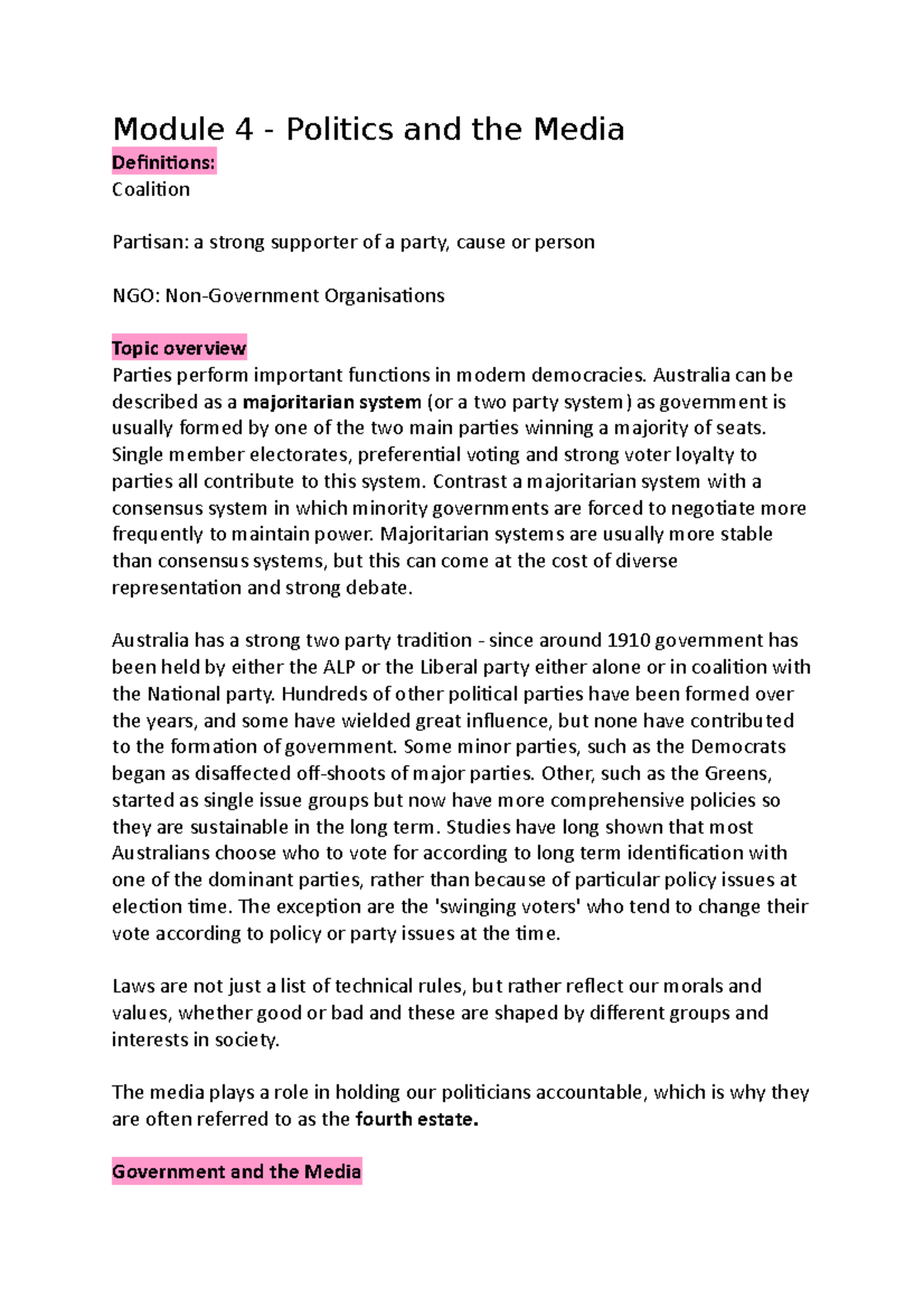 Module 4 - Lecture notes 1 - Module 4 - Politics and the Media ...