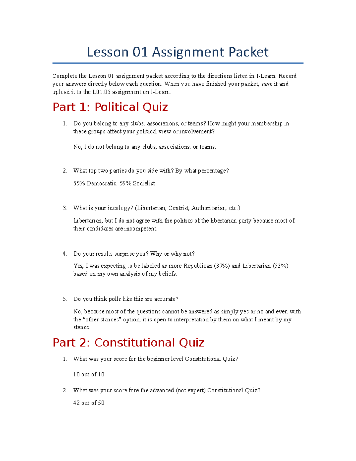 Pol110 Lesson 01 Assignment Packet - Lesson 01 Assignment Packet Complete the Lesson 01 ...