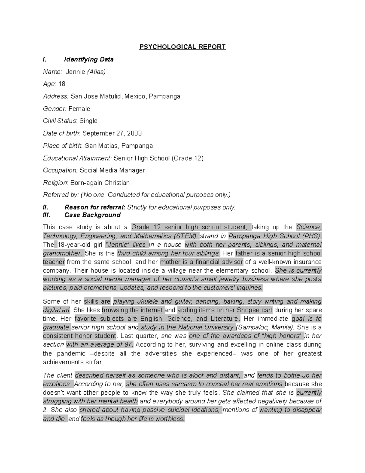 Psychological Report Final Version - PSYCHOLOGICAL REPORT I ...